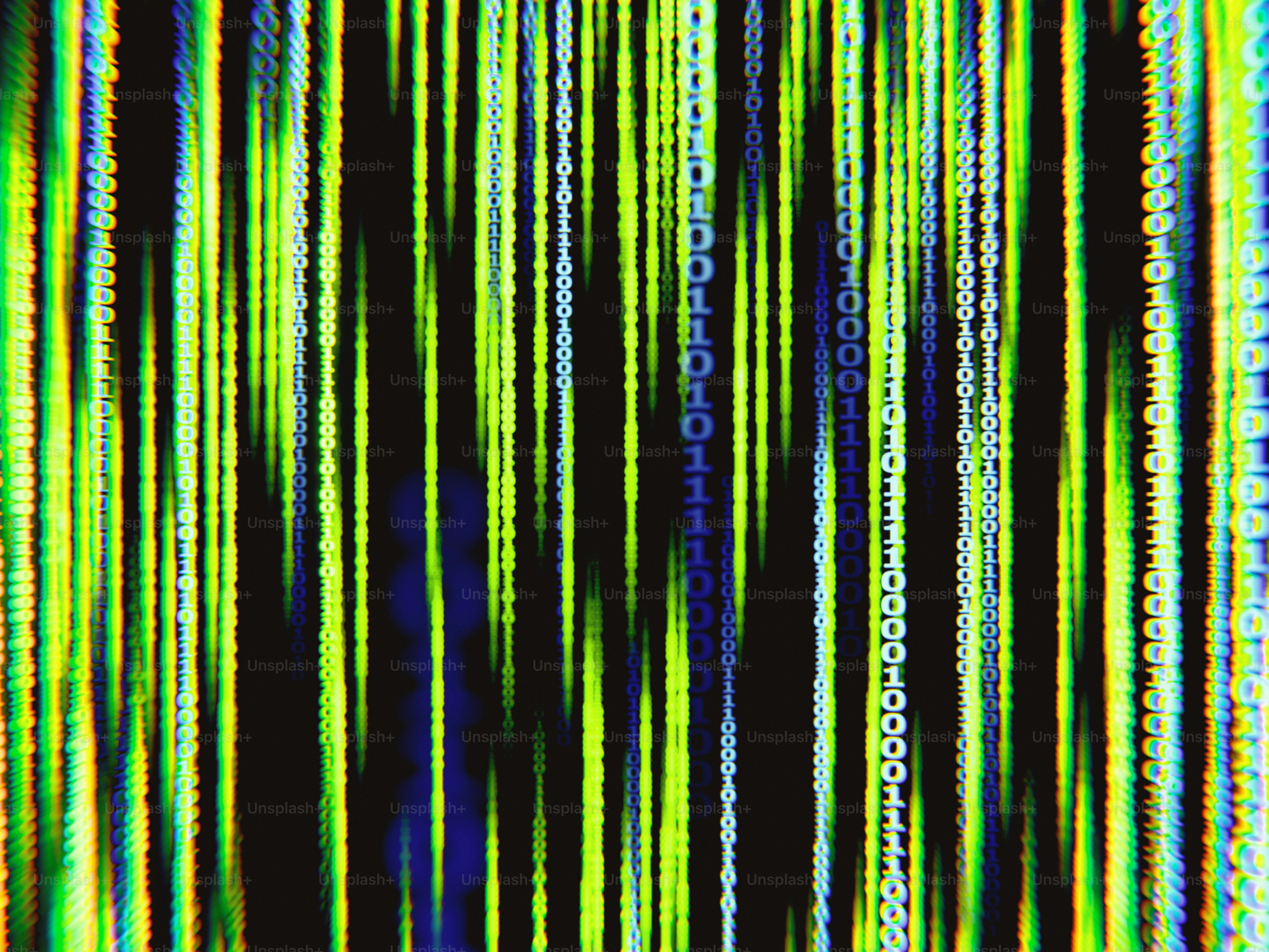 Binary code streams down in green and white lines. photo – Background ...