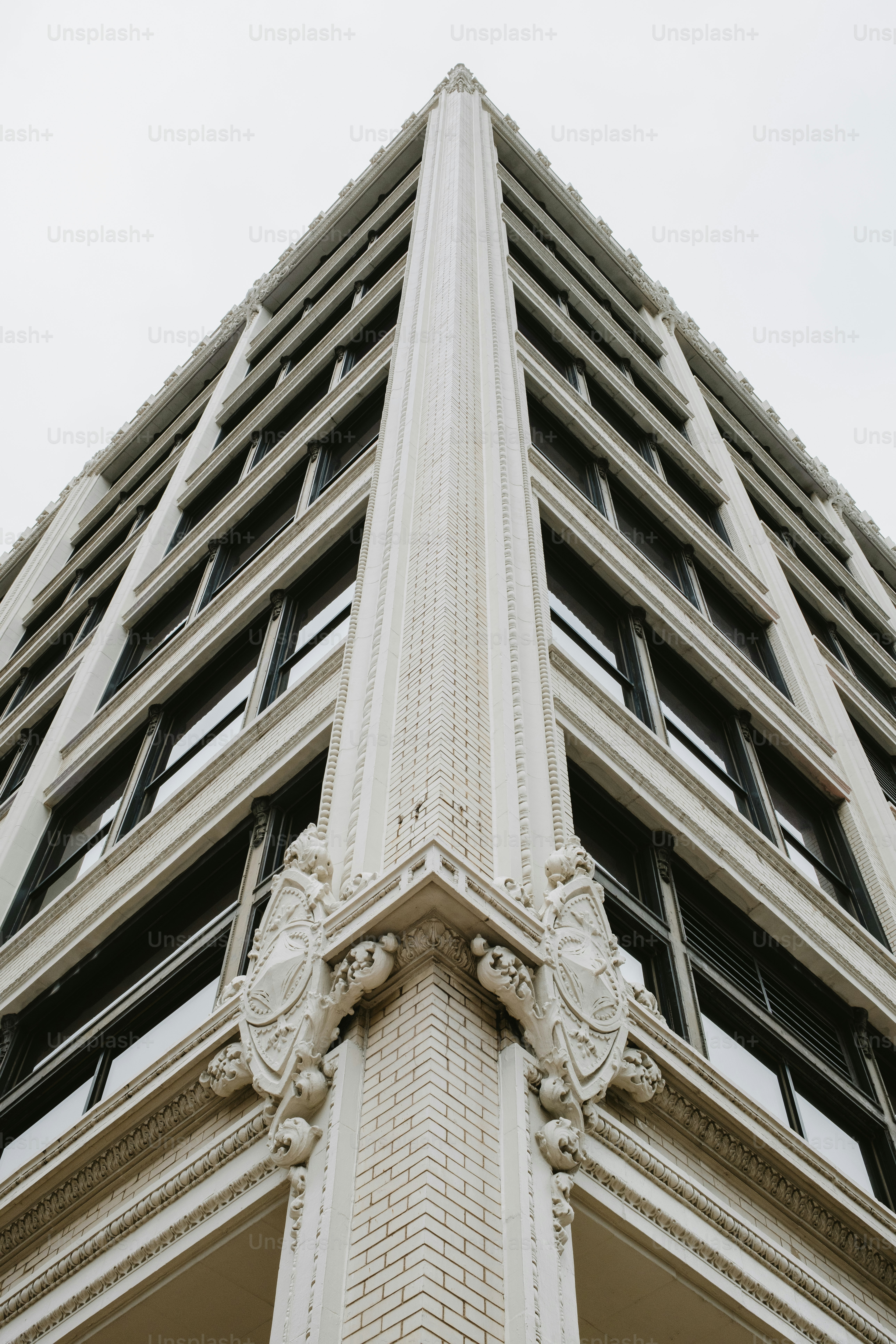A tall, white building has a corner perspective. photo – Architecture ...