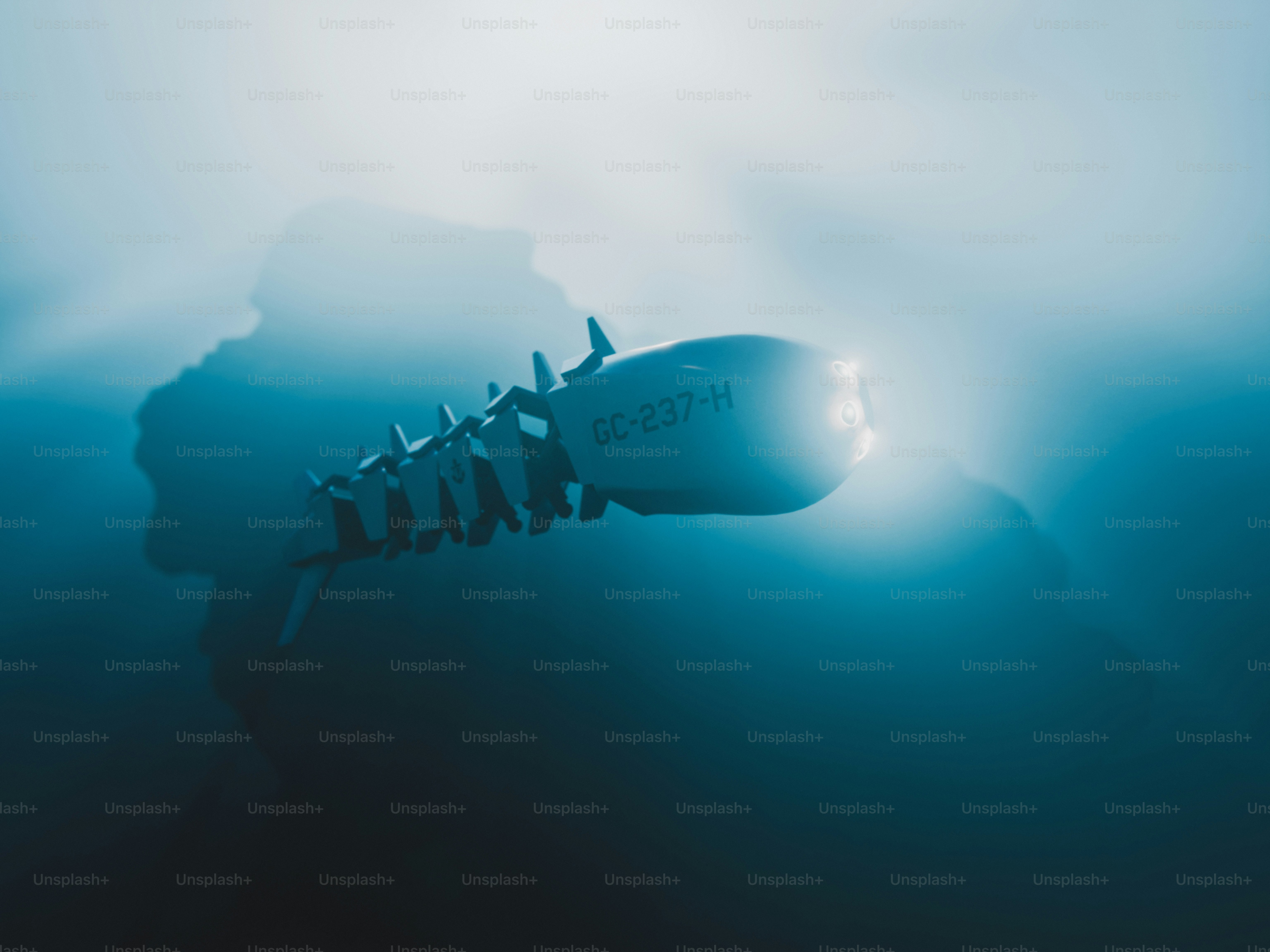 A submarine glides through the deep blue ocean. photo – 3d render Image ...