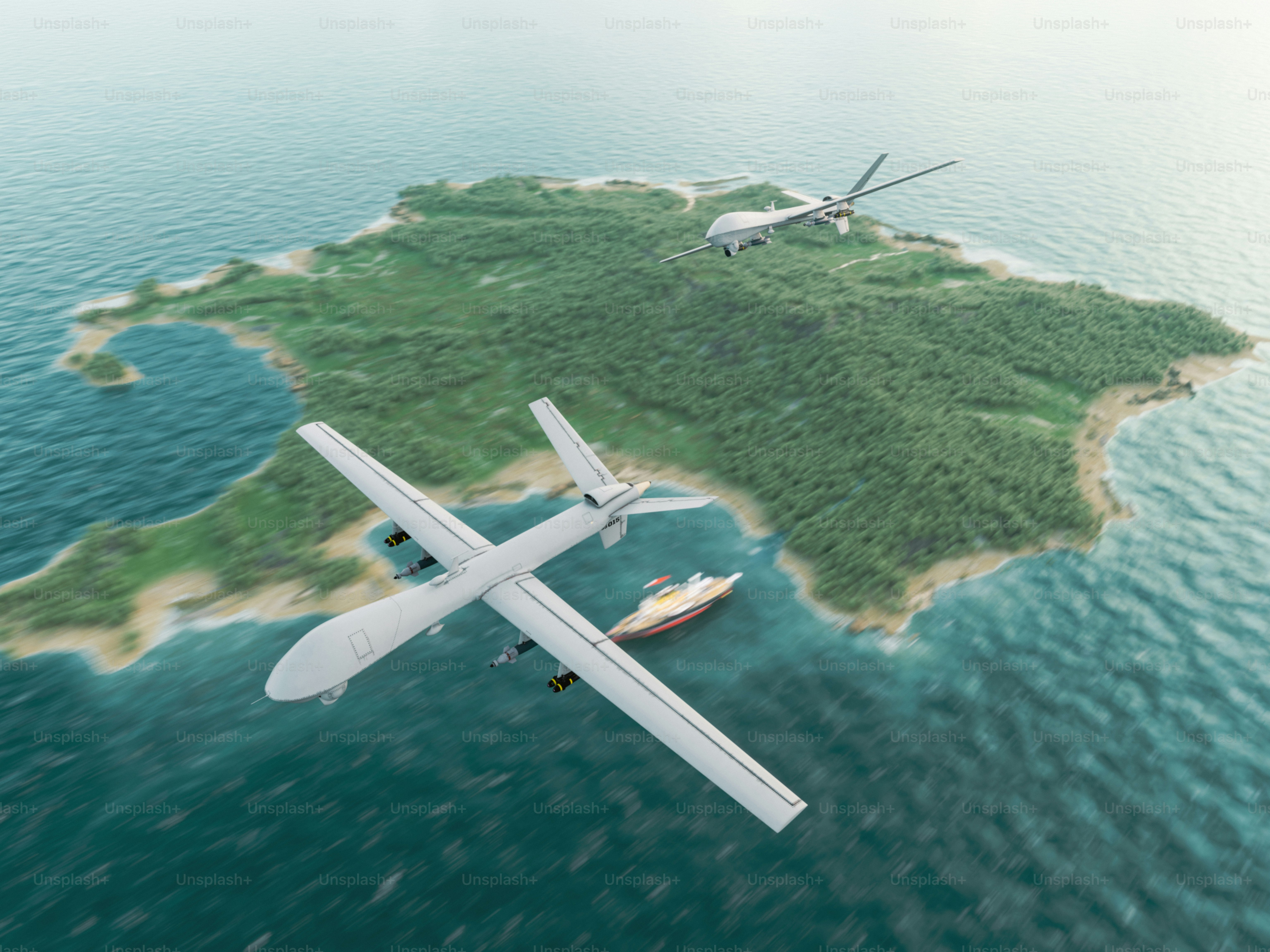 Drones patrol a small island, likely for surveillance. photo – Camera ...