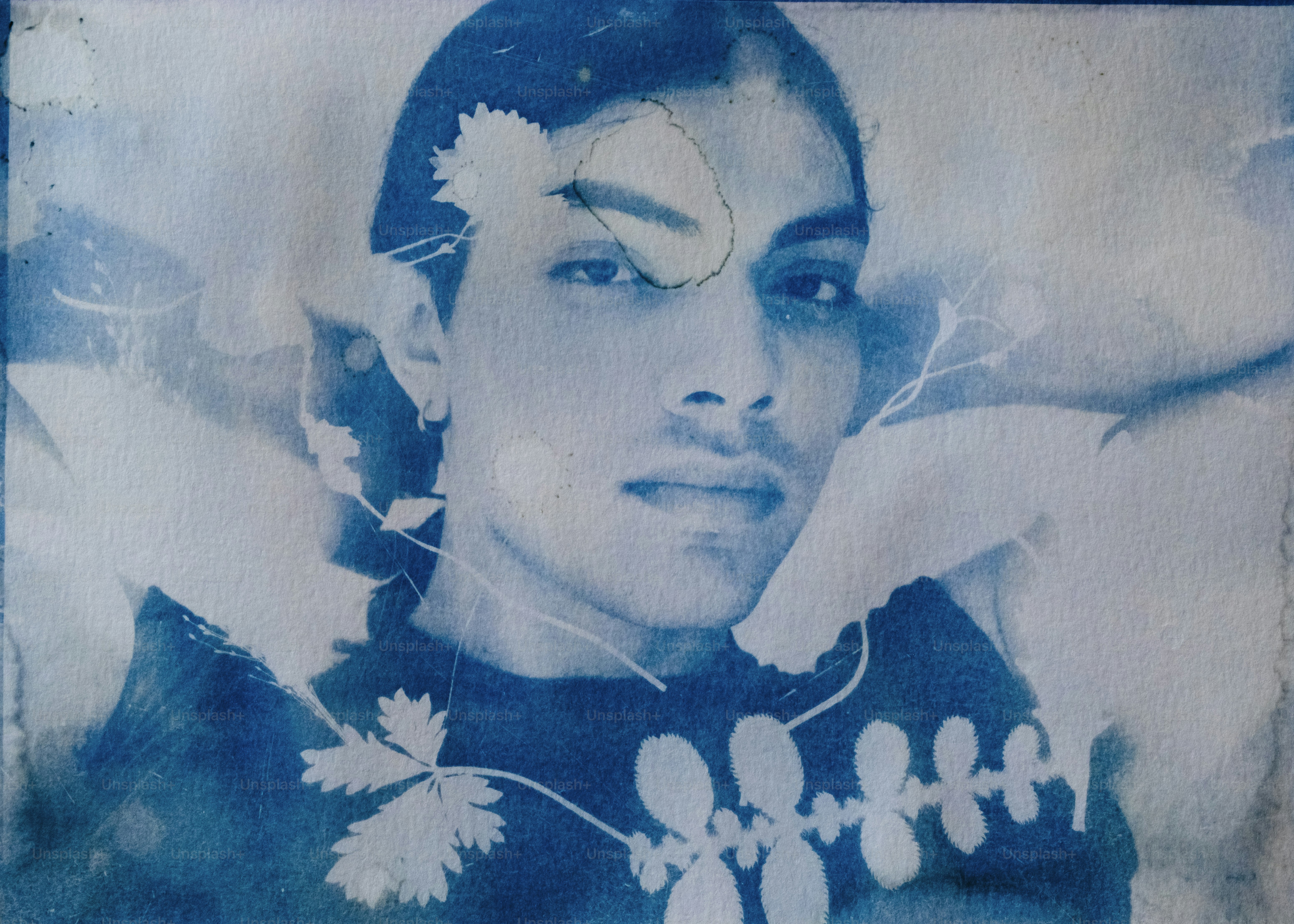 A cyanotype portrait with floral embellishments. photo – Cyanotype ...