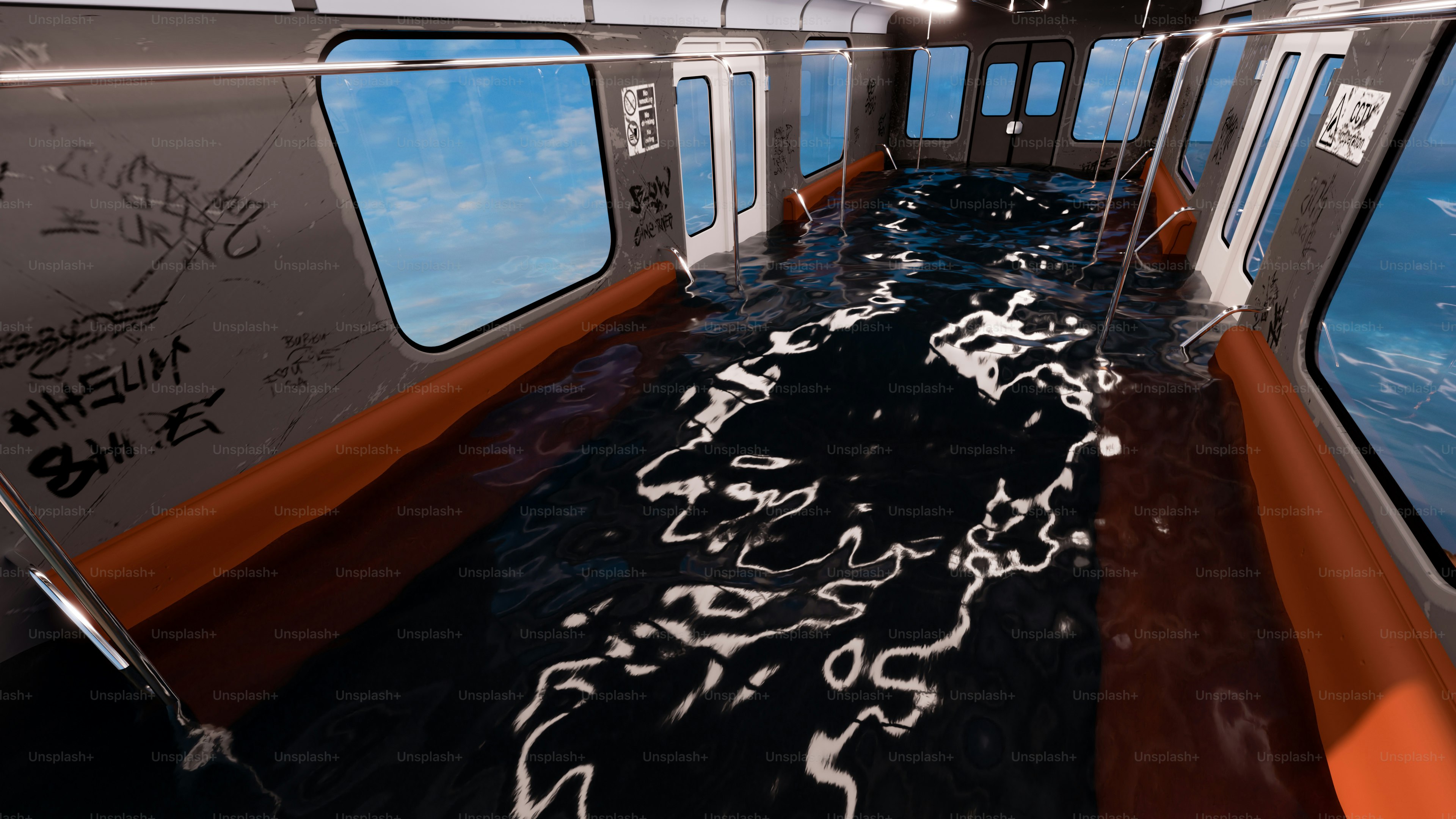 A subway train is flooded with water. photo – Train Image on Unsplash