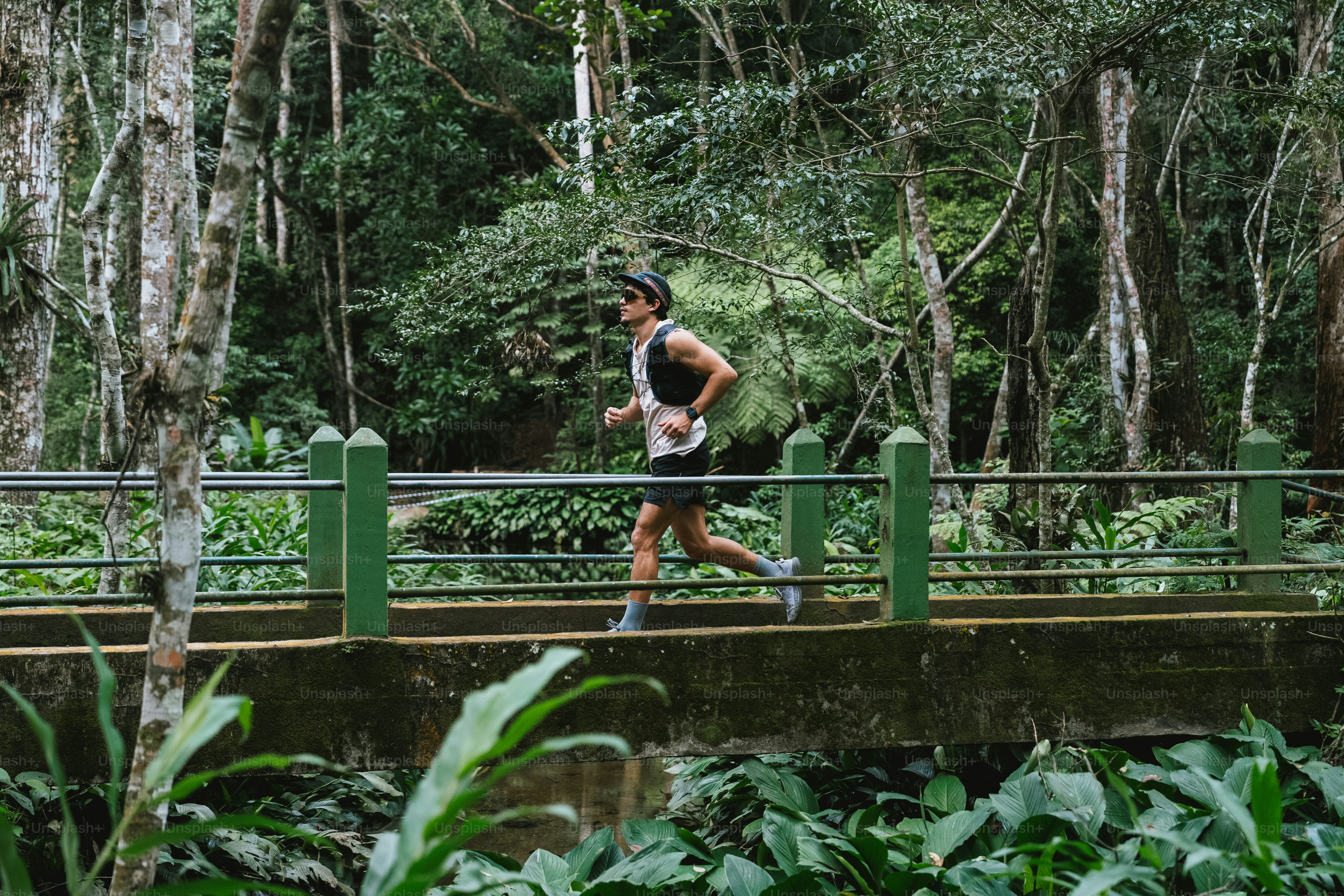 A runner is shown running through a lush forest. photo – Sport Image on ...