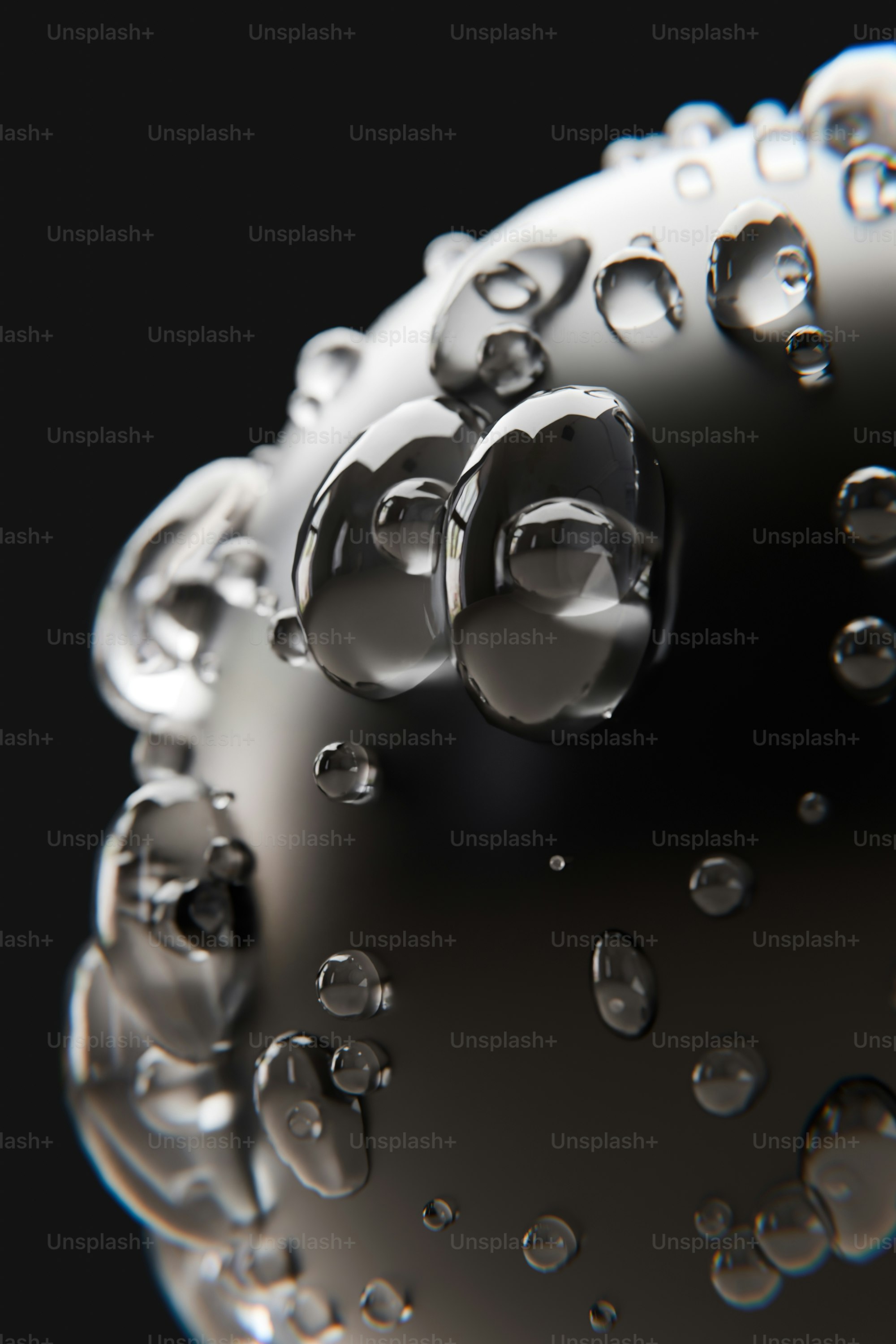 Water droplets cling to a smooth, dark surface. photo – Render Image on ...