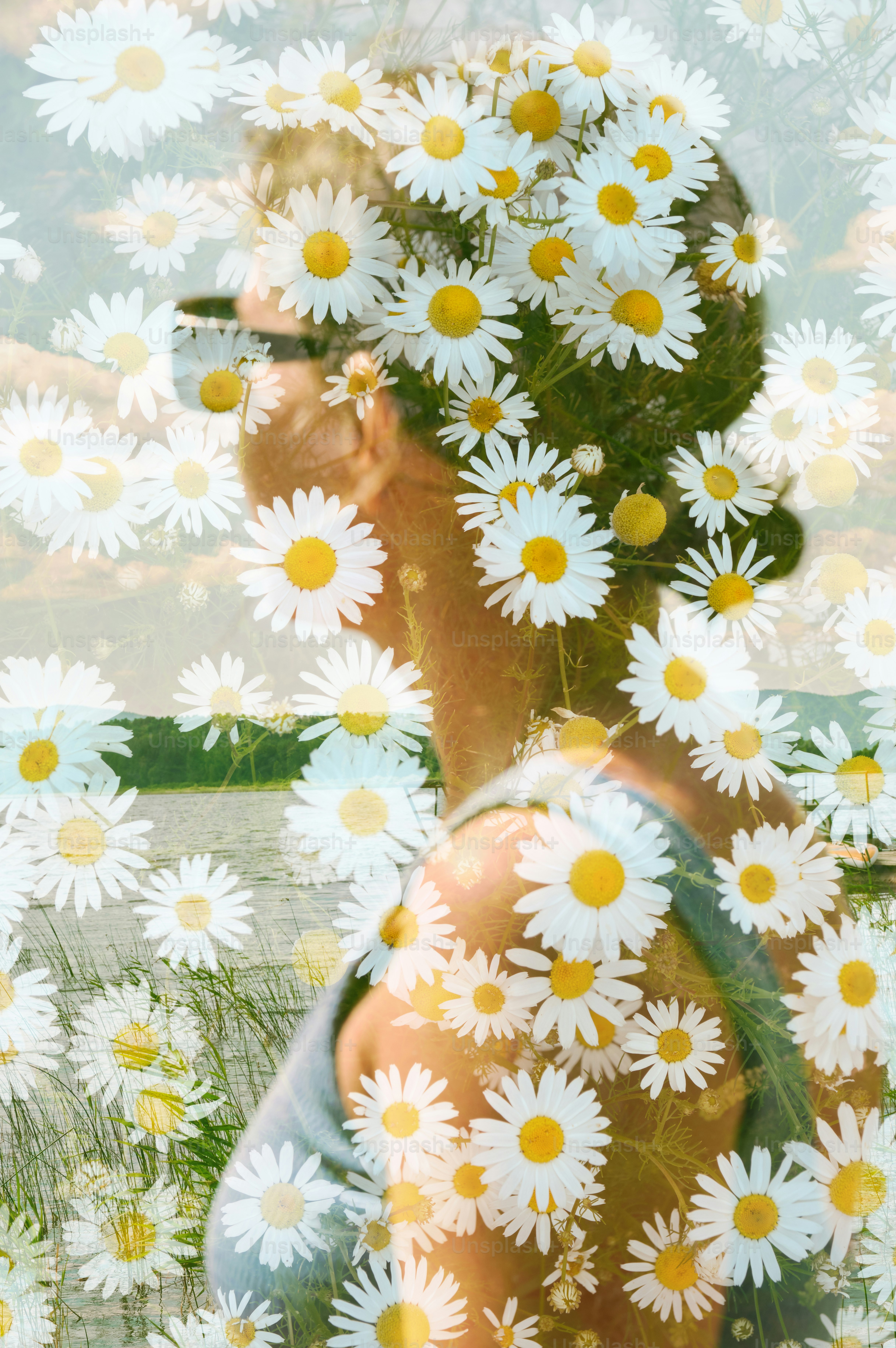 A woman is blended with many daisies. photo – Woman Image on Unsplash