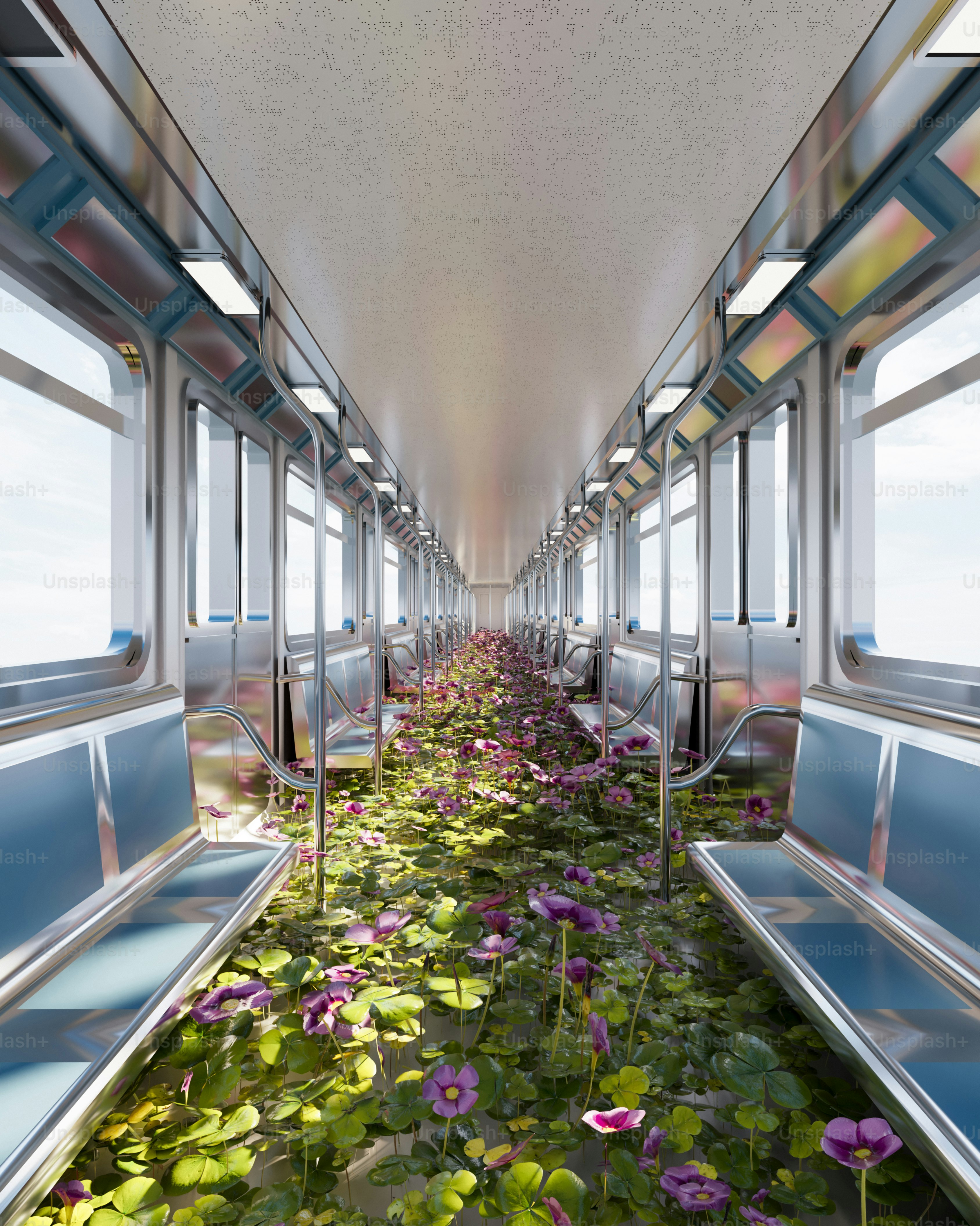 Flowers bloom in a surreal, overgrown subway car. photo – Flowers Image ...