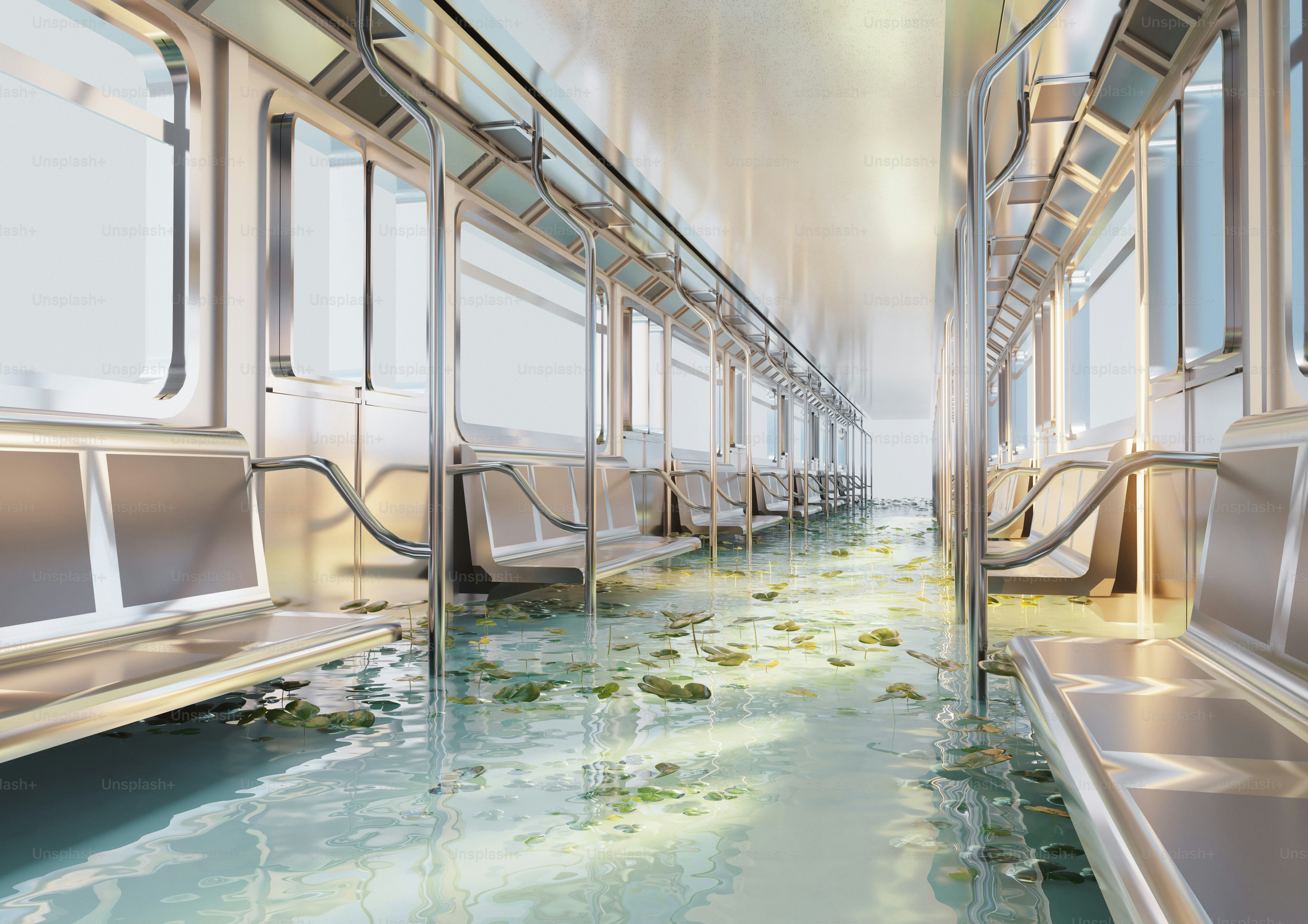 Flowers bloom in a surreal, overgrown subway car. photo – Flowers Image ...