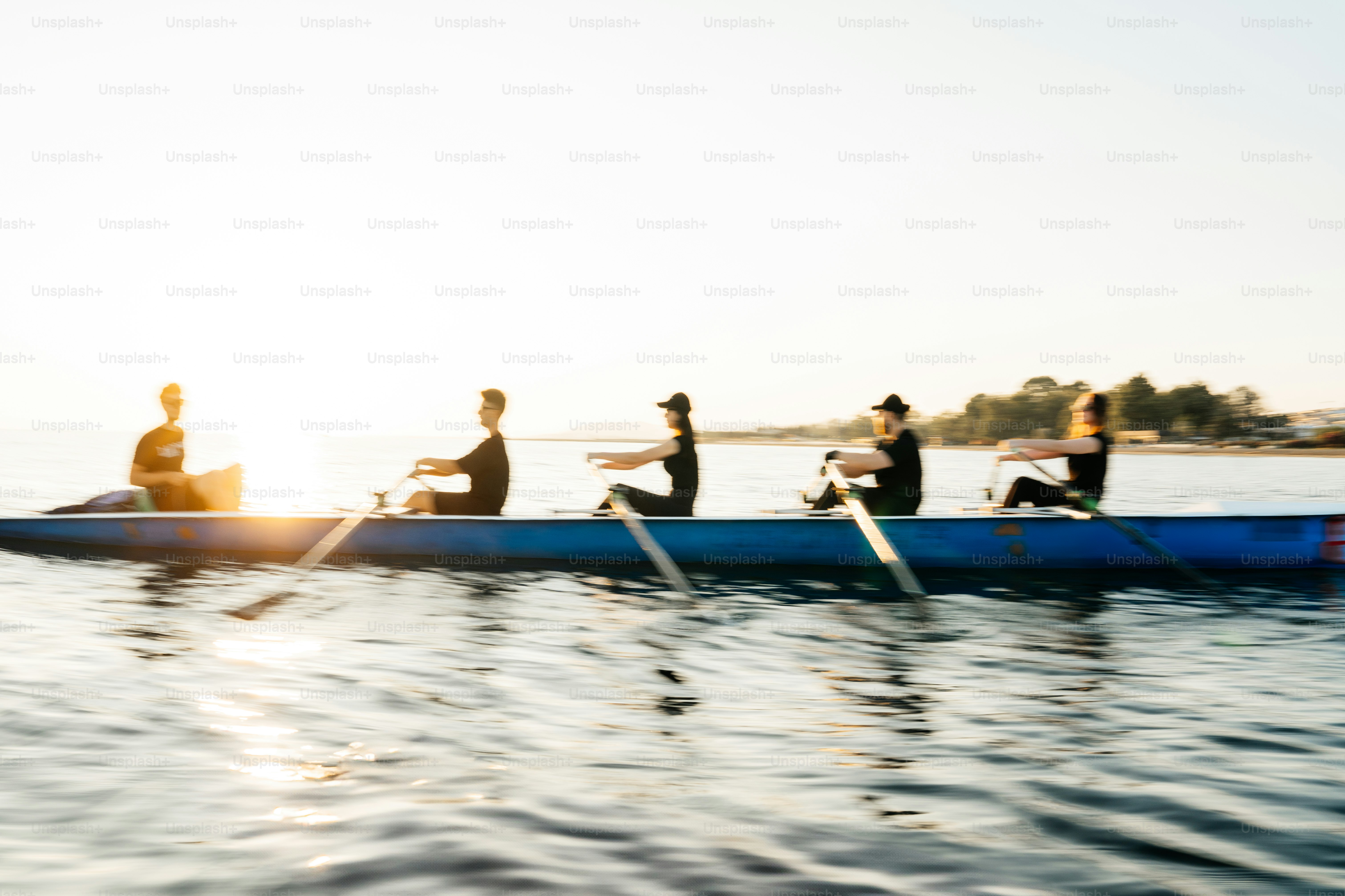 Rowing team training on calm water. photo – Sunset Image on Unsplash