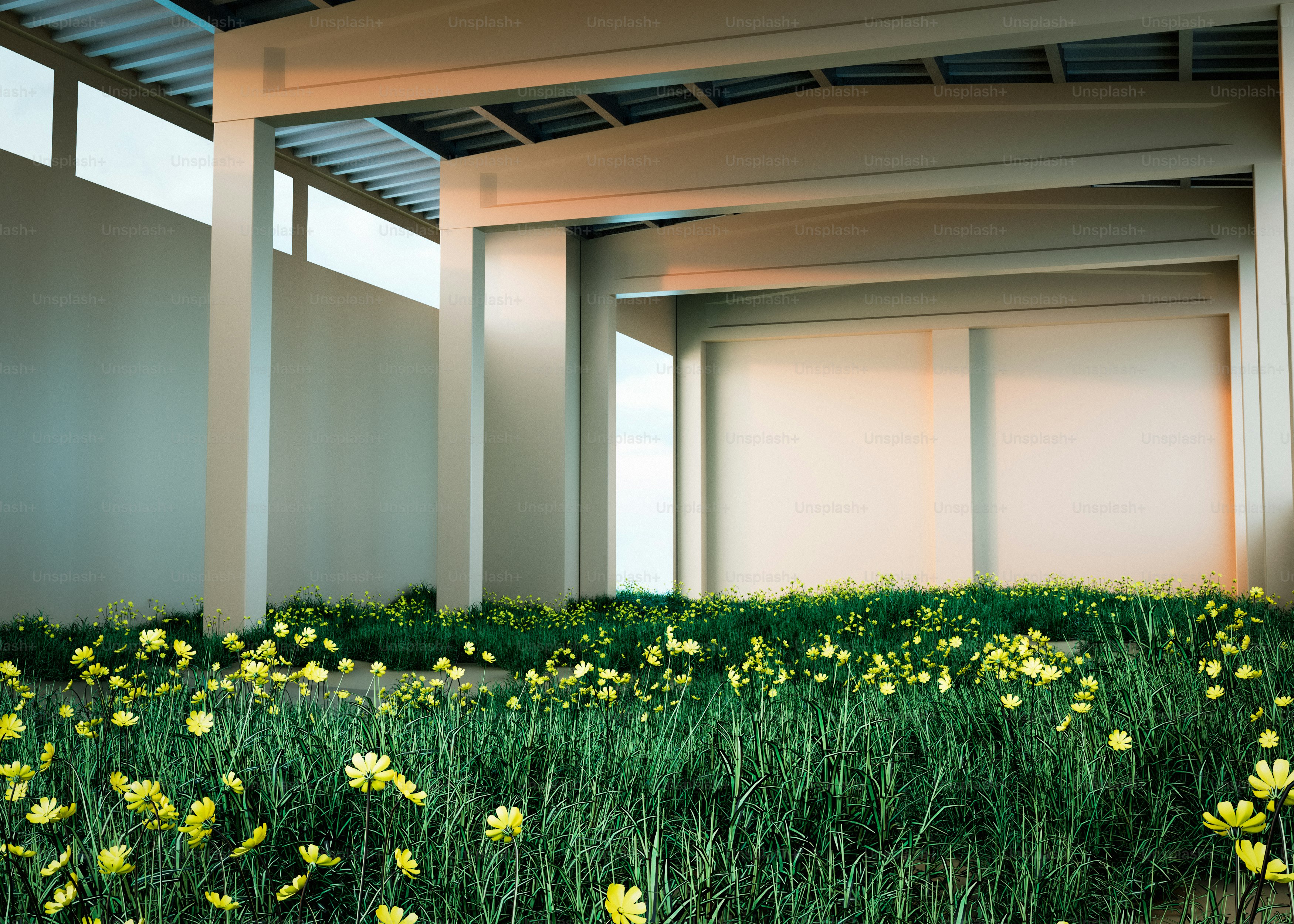 Flowers and grass grow underneath a structure. photo – Flowers Image on ...