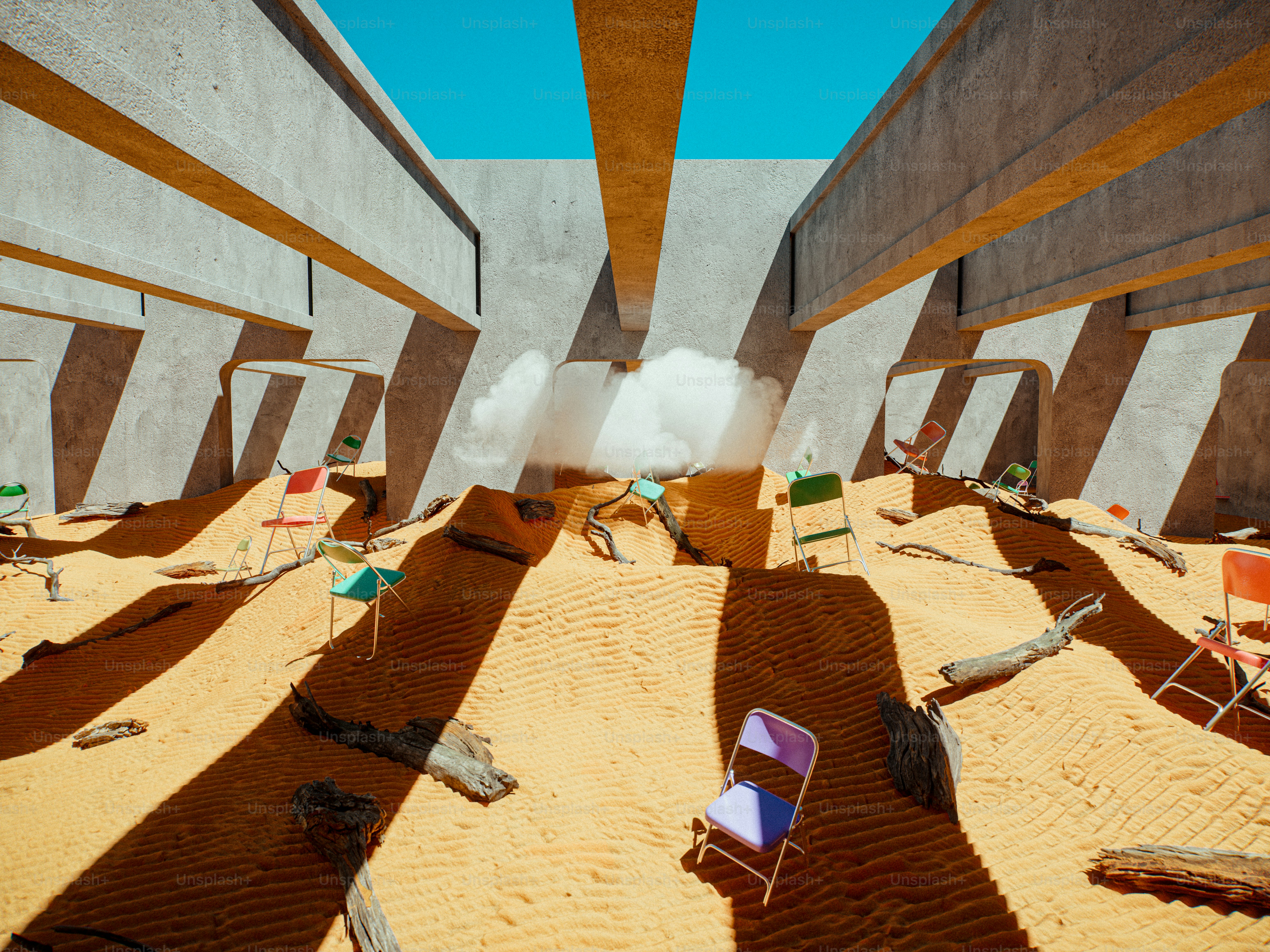 Sandy interior with chairs, shadows, and clouds. photo – Wallpaper ...