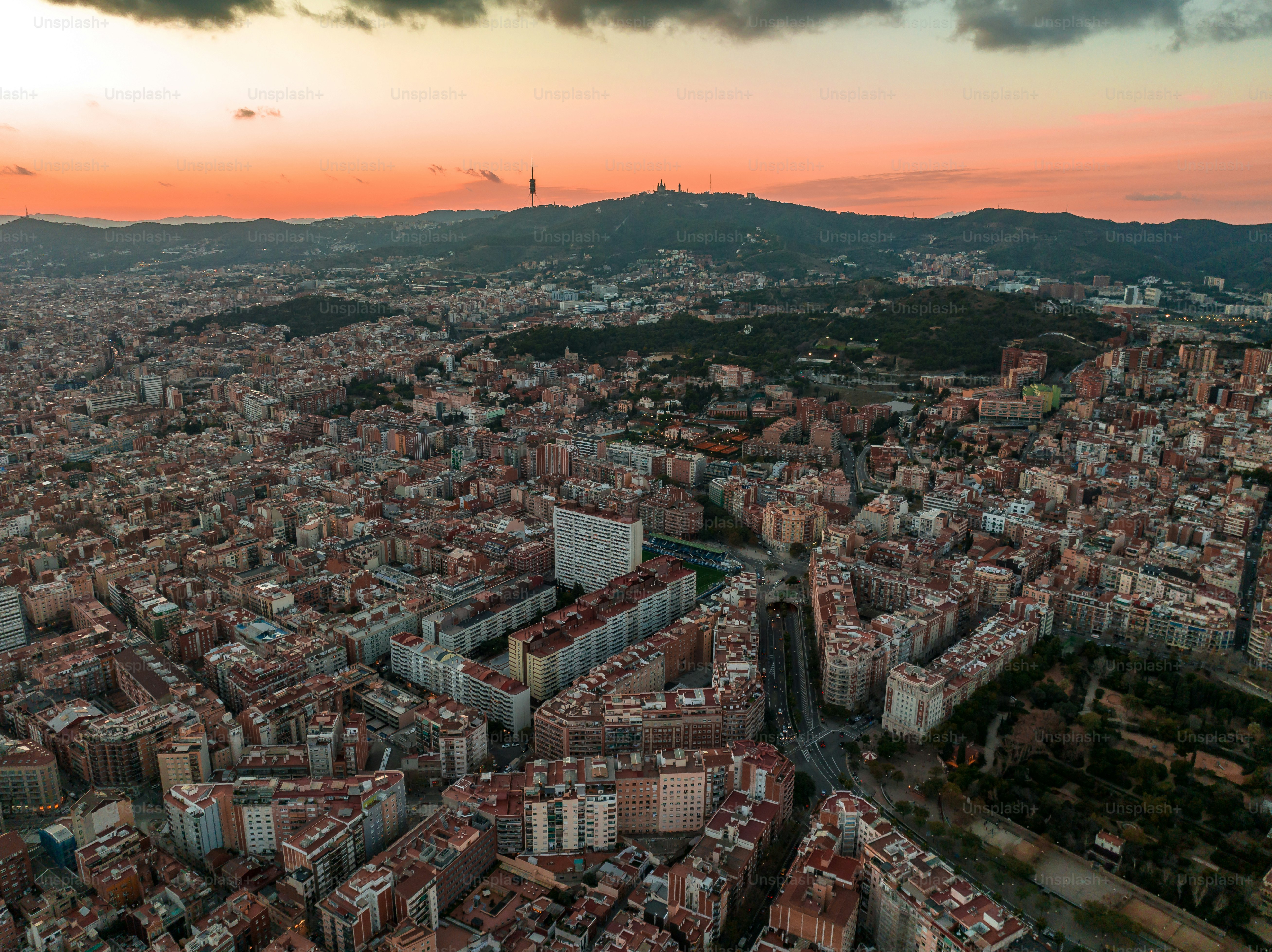 Barcelona street aerial view with beautiful patterns in Spain ...