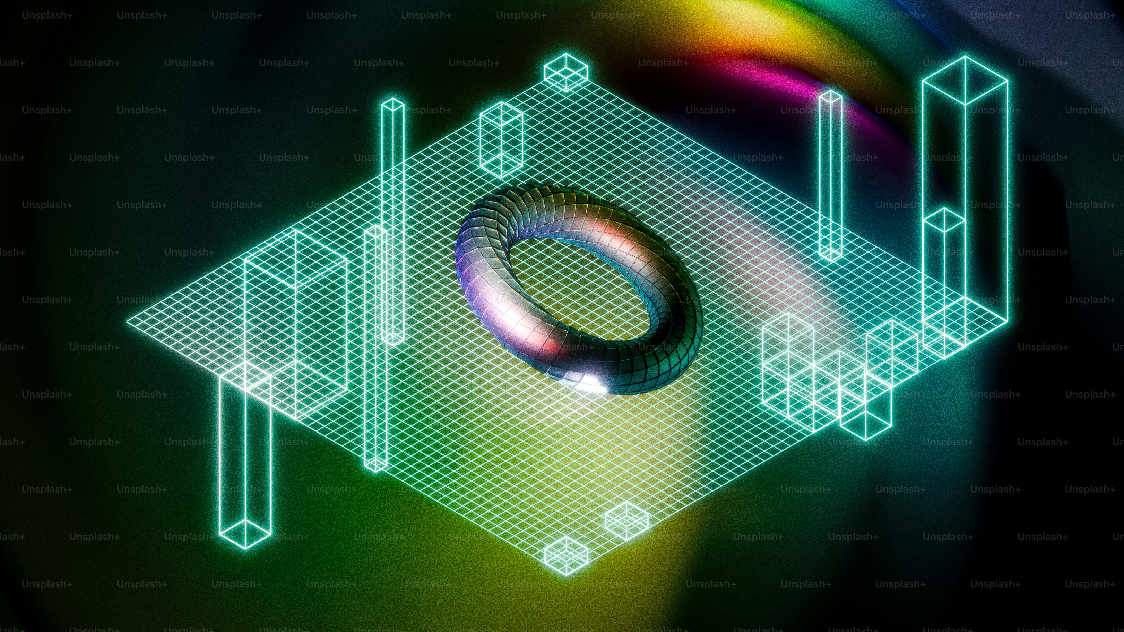 A digital ring sits on a glowing grid. photo – Wallpaper Image on Unsplash