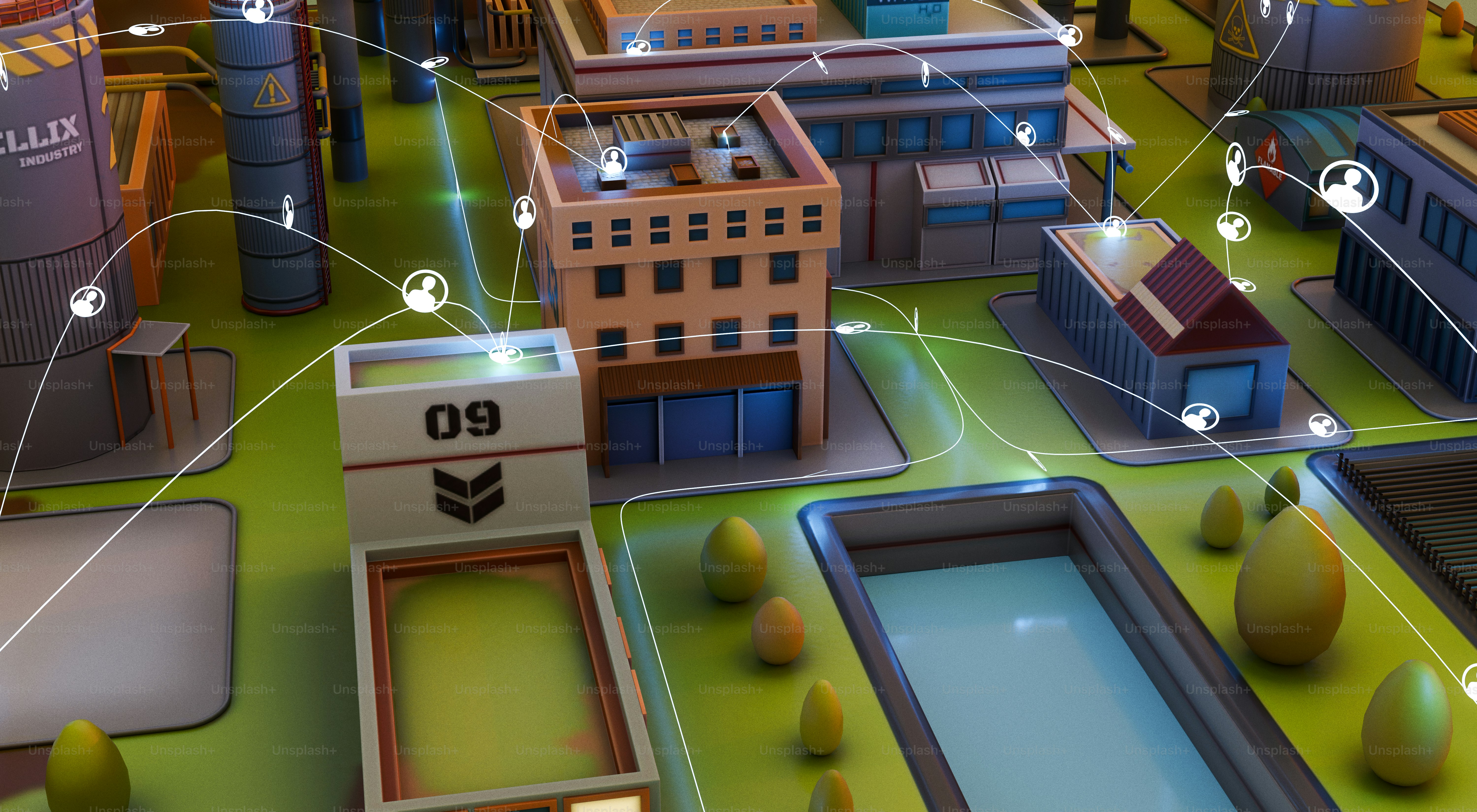 Buildings are connected through digital network. photo – 3d render ...