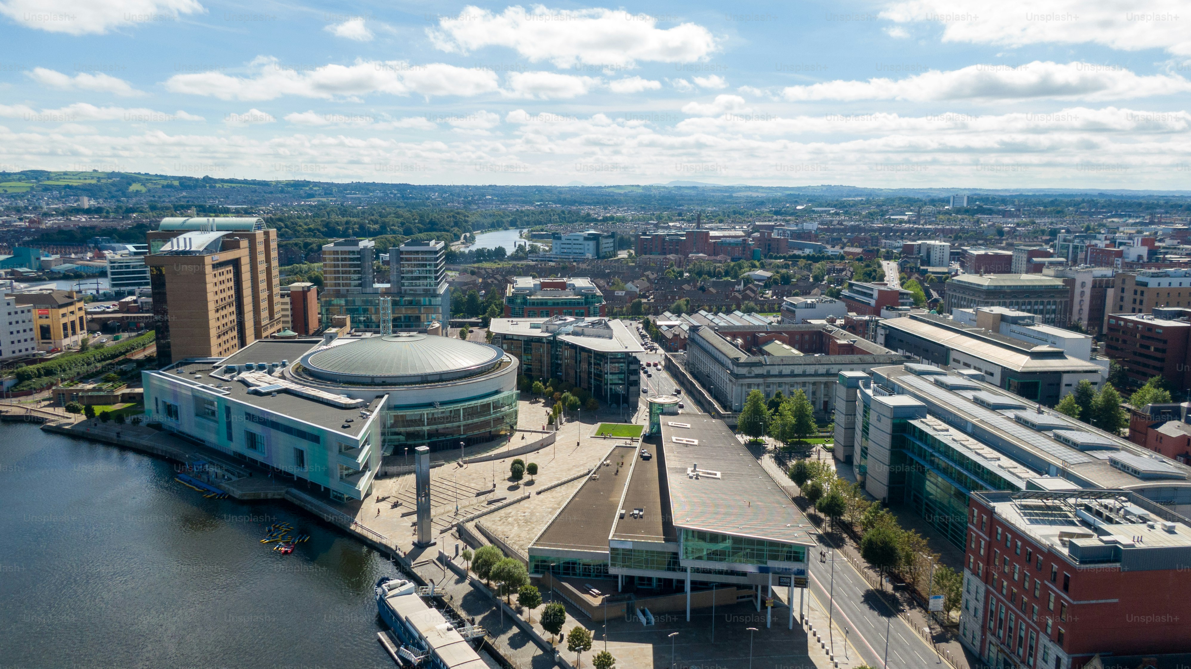Aerial view on buildings and Lagan River in City center of Belfast ...