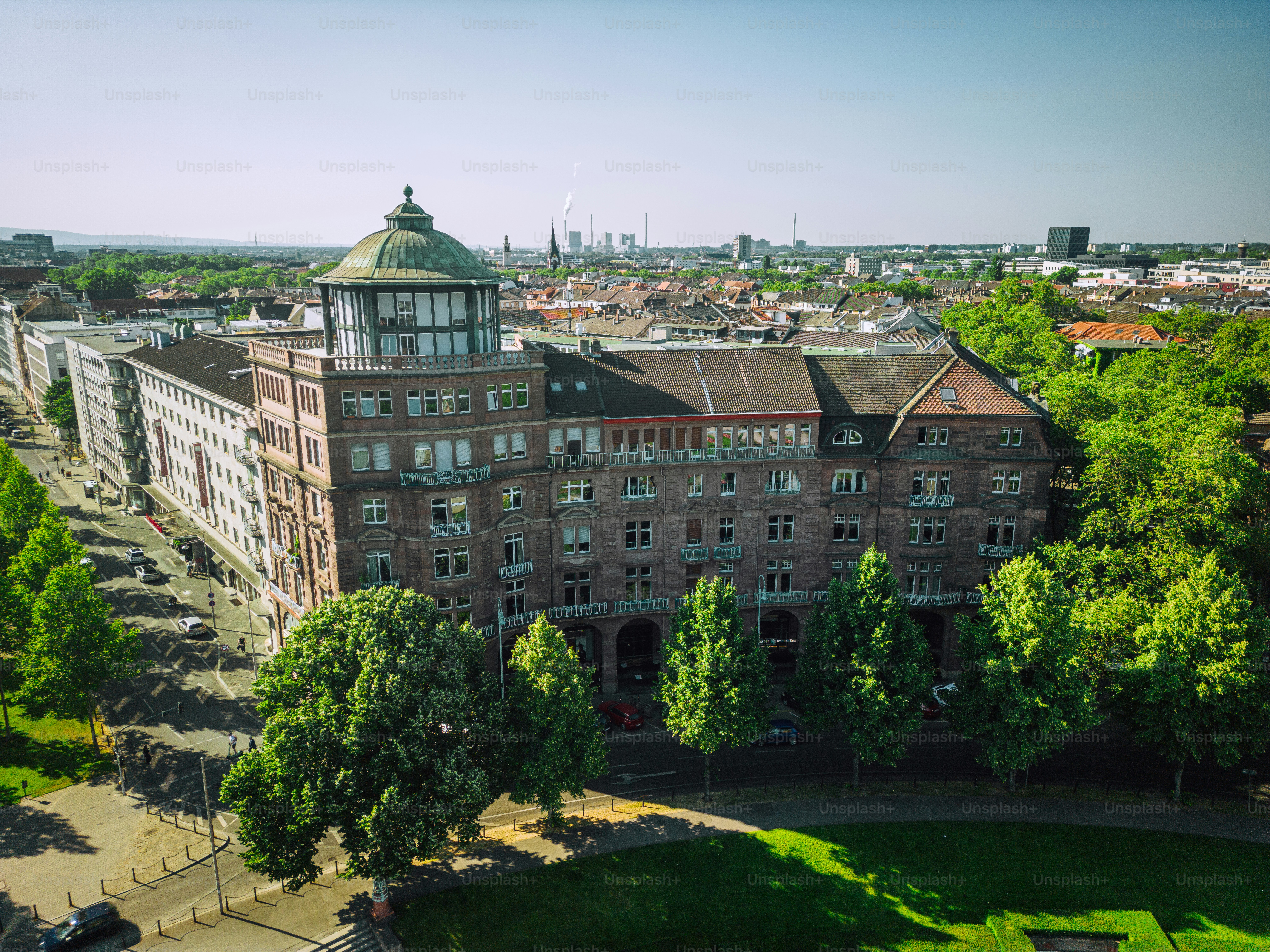 Aerial view on the Park and Street of Mannheim city, Baden-Württemberg ...