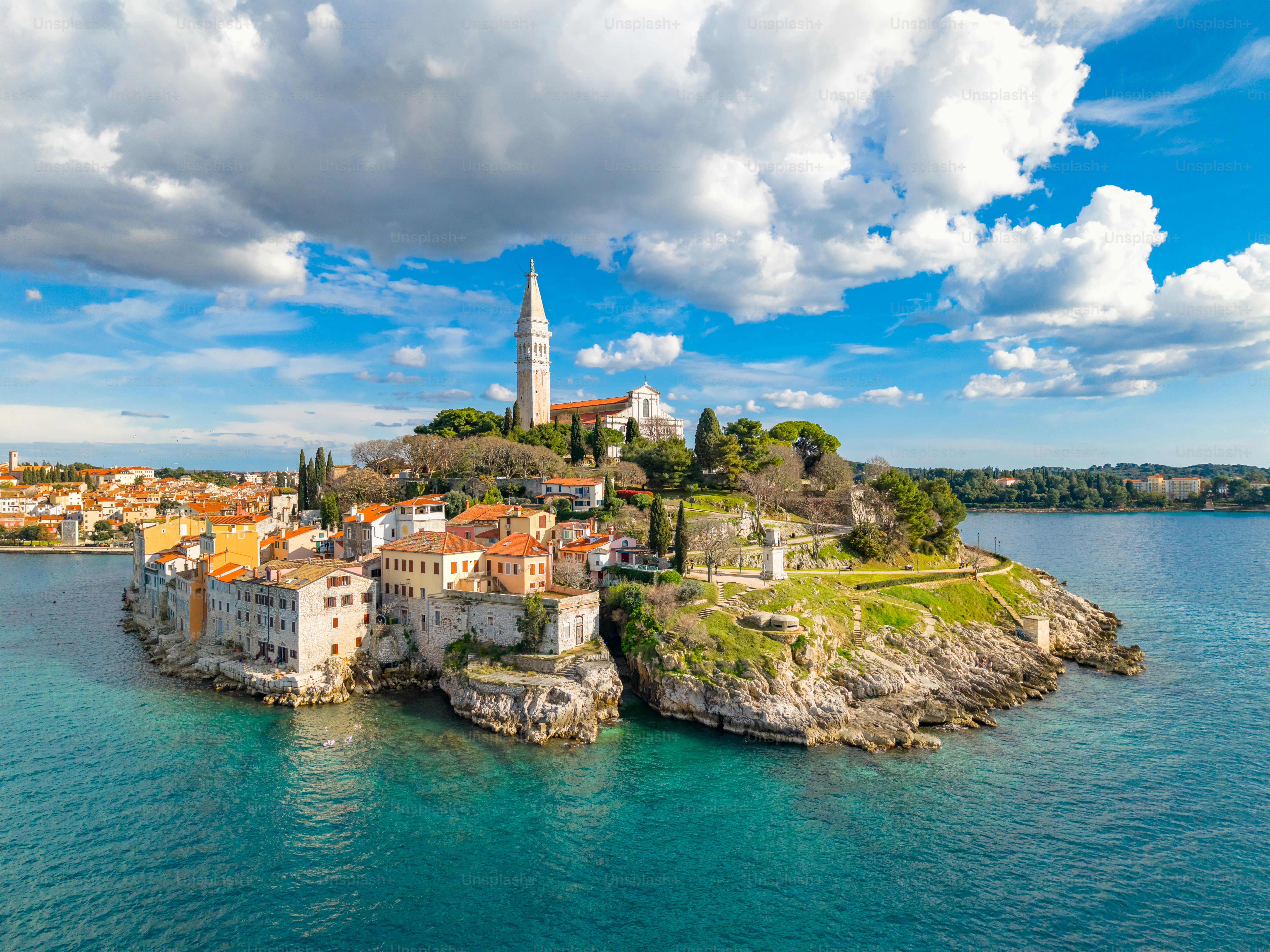 Aerial view of old city of Rovinj, popular travel destination in Istria ...
