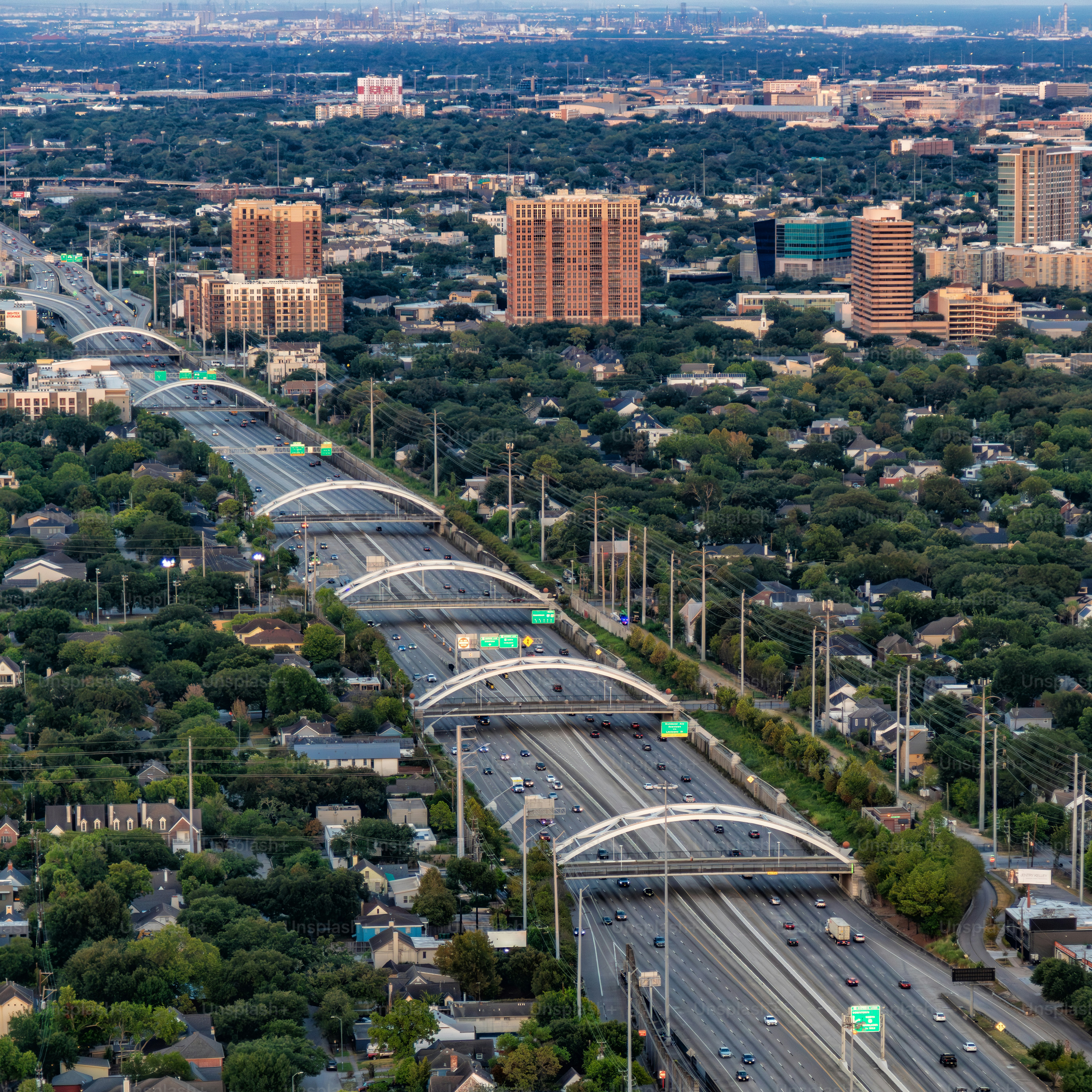 Series of six bridges spanning Interstate 69 joining two neighborhoods ...