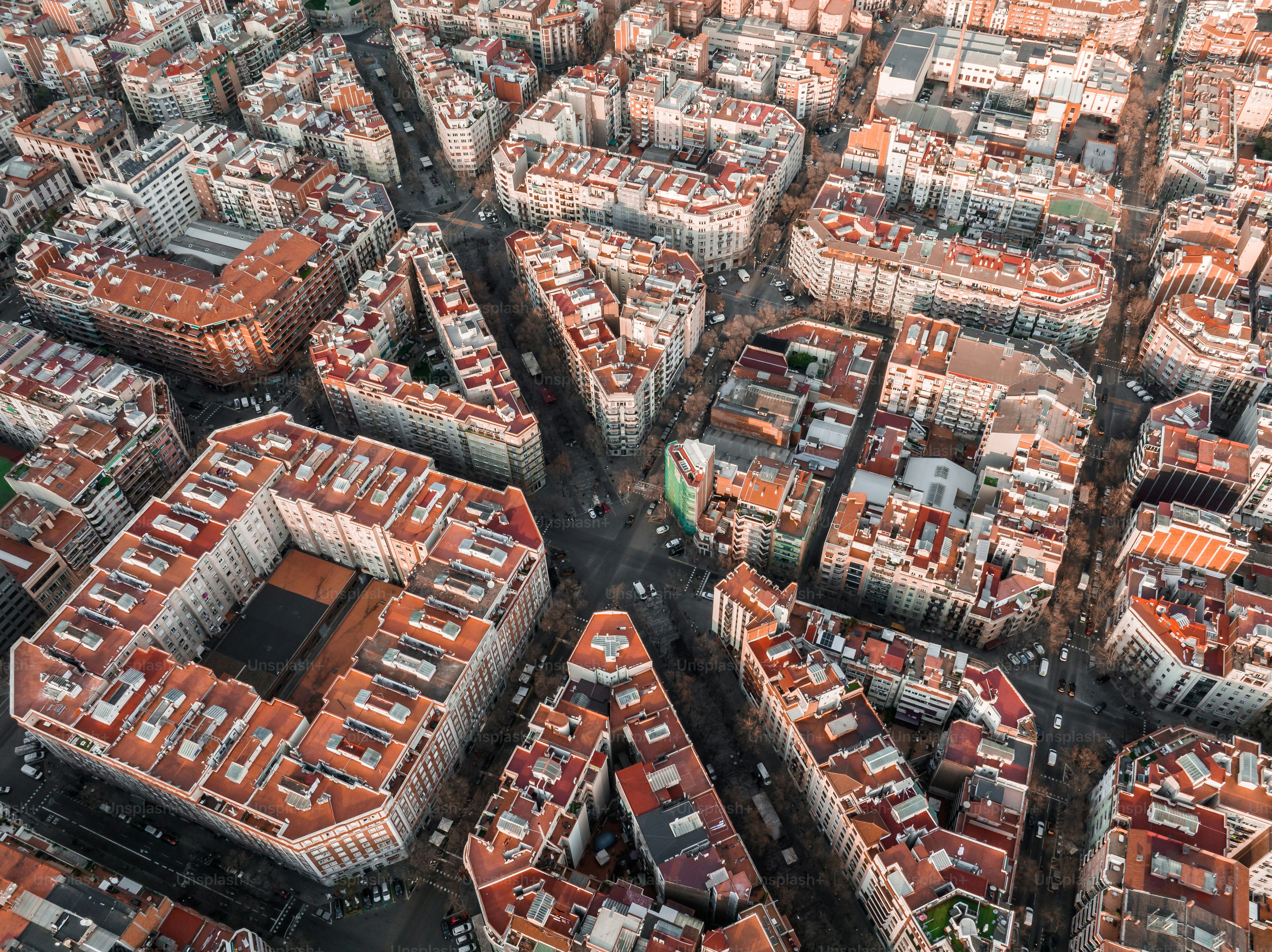 Barcelona street aerial view with beautiful patterns in Spain ...