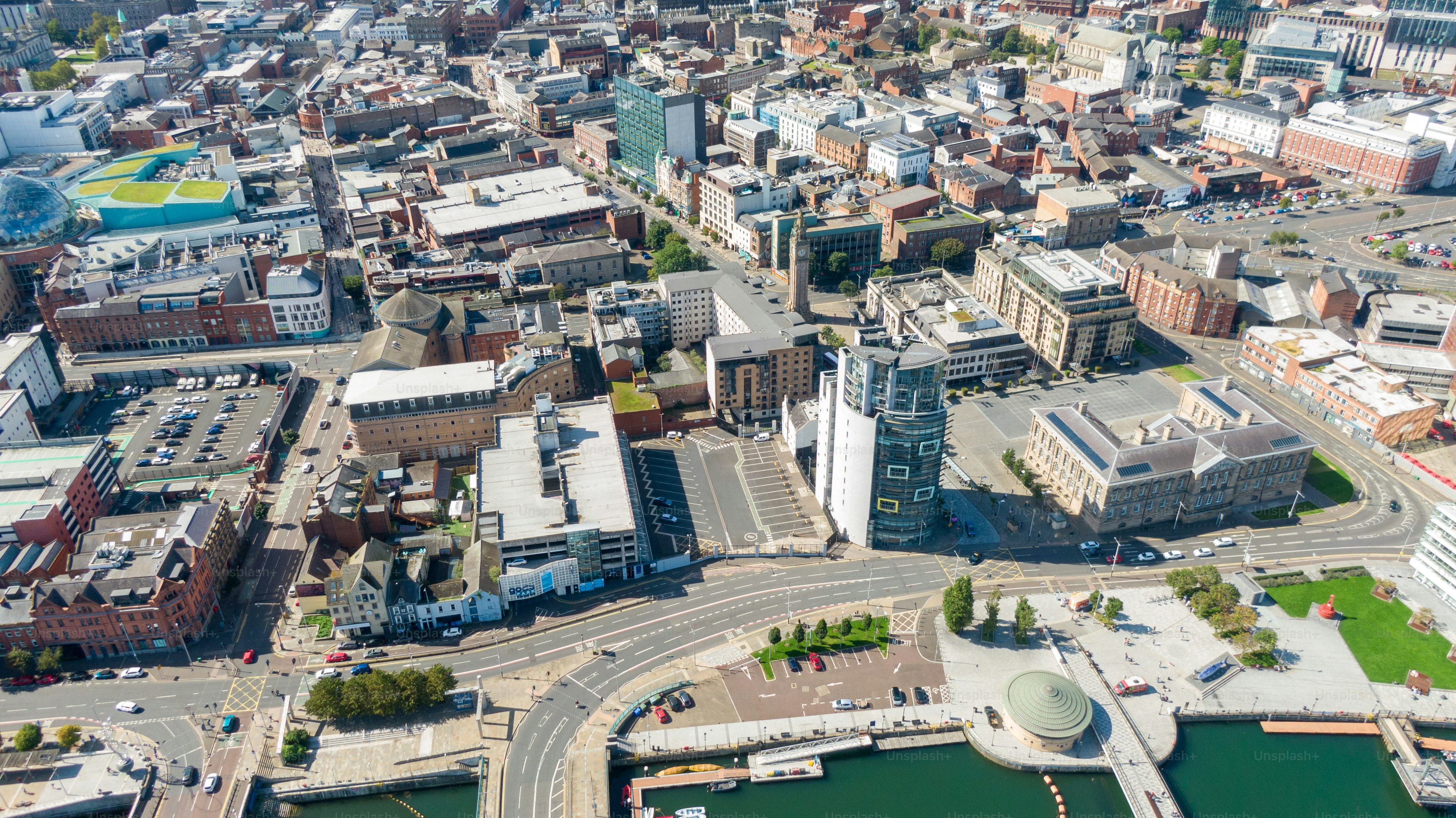 Aerial view on buildings and Lagan River in City center of Belfast ...