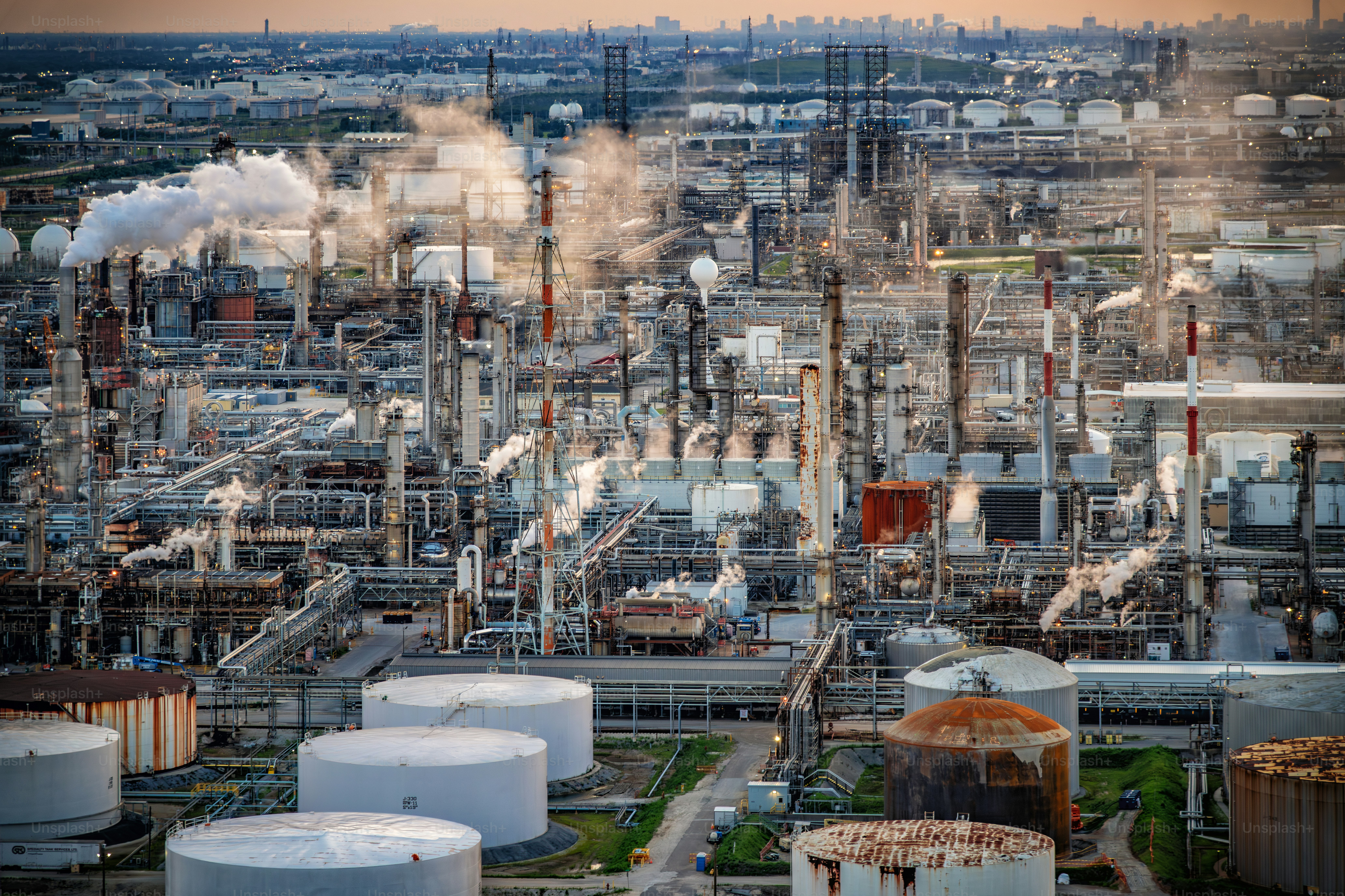 Aerial view of a large refinery located just outside Houston, Texas ...