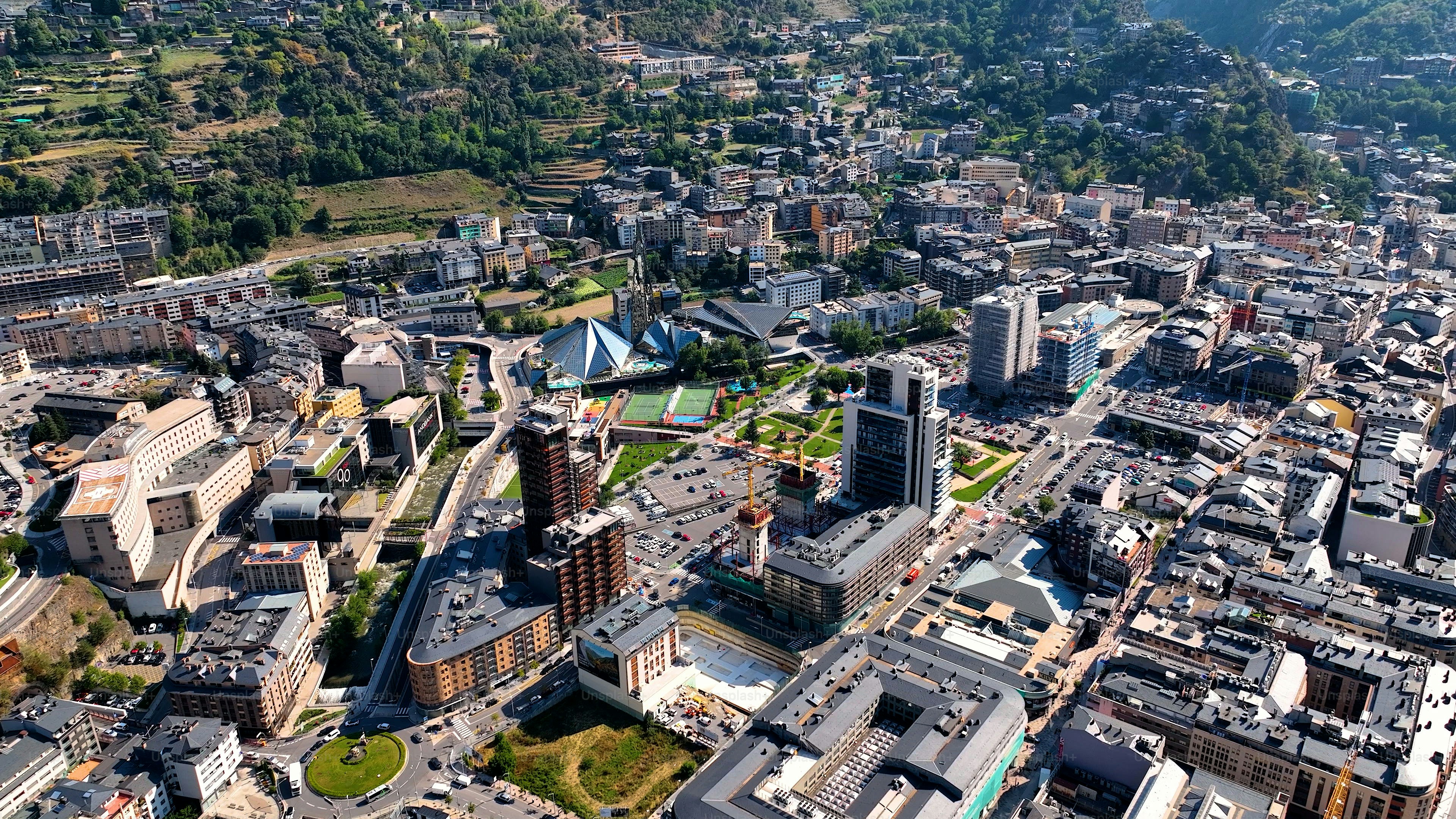 Andorra la Vella, City Center of the capital city of Andorra in between ...