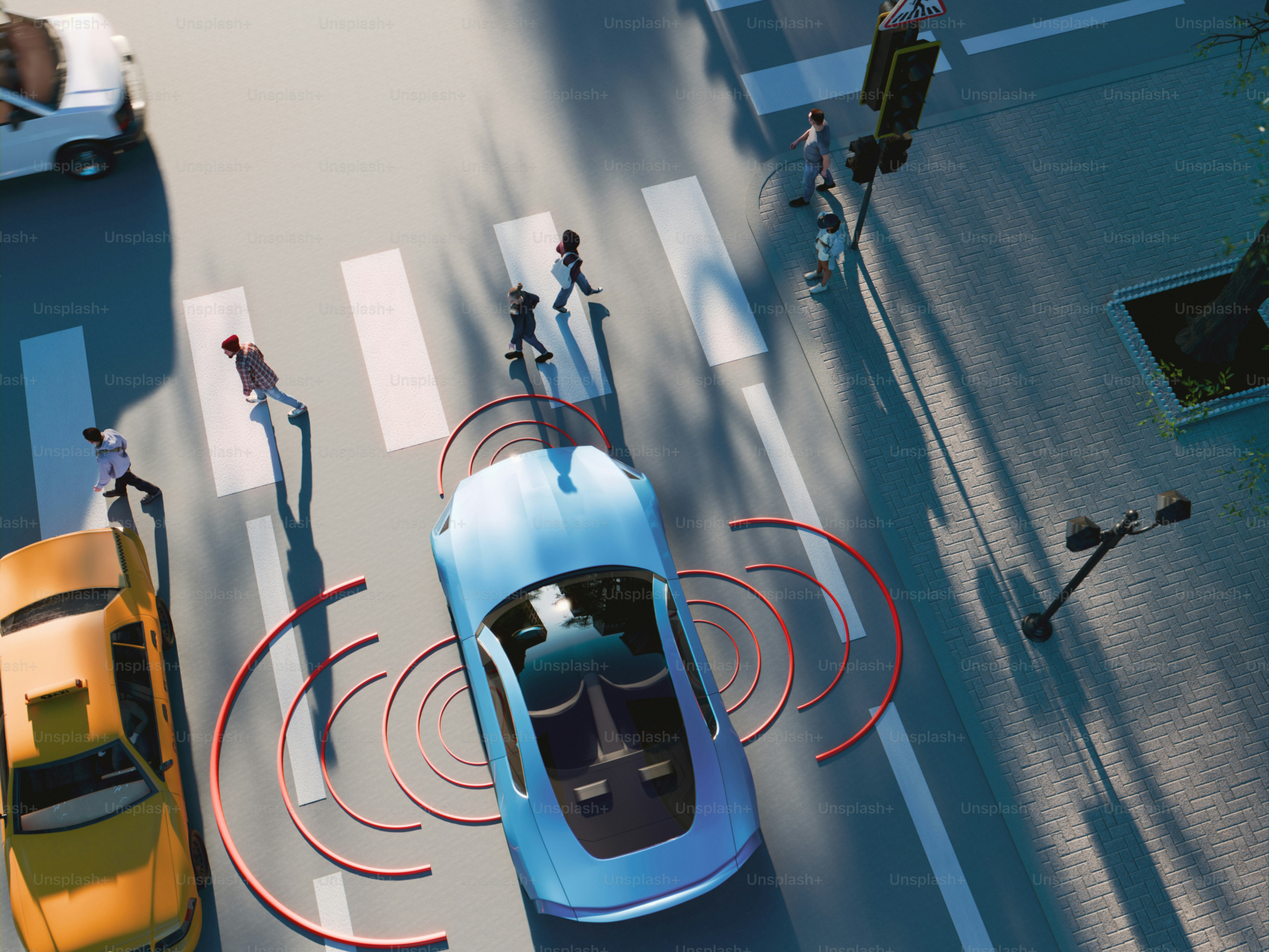 Autonomous car detects pedestrians in a crosswalk. photo – Artificial ...