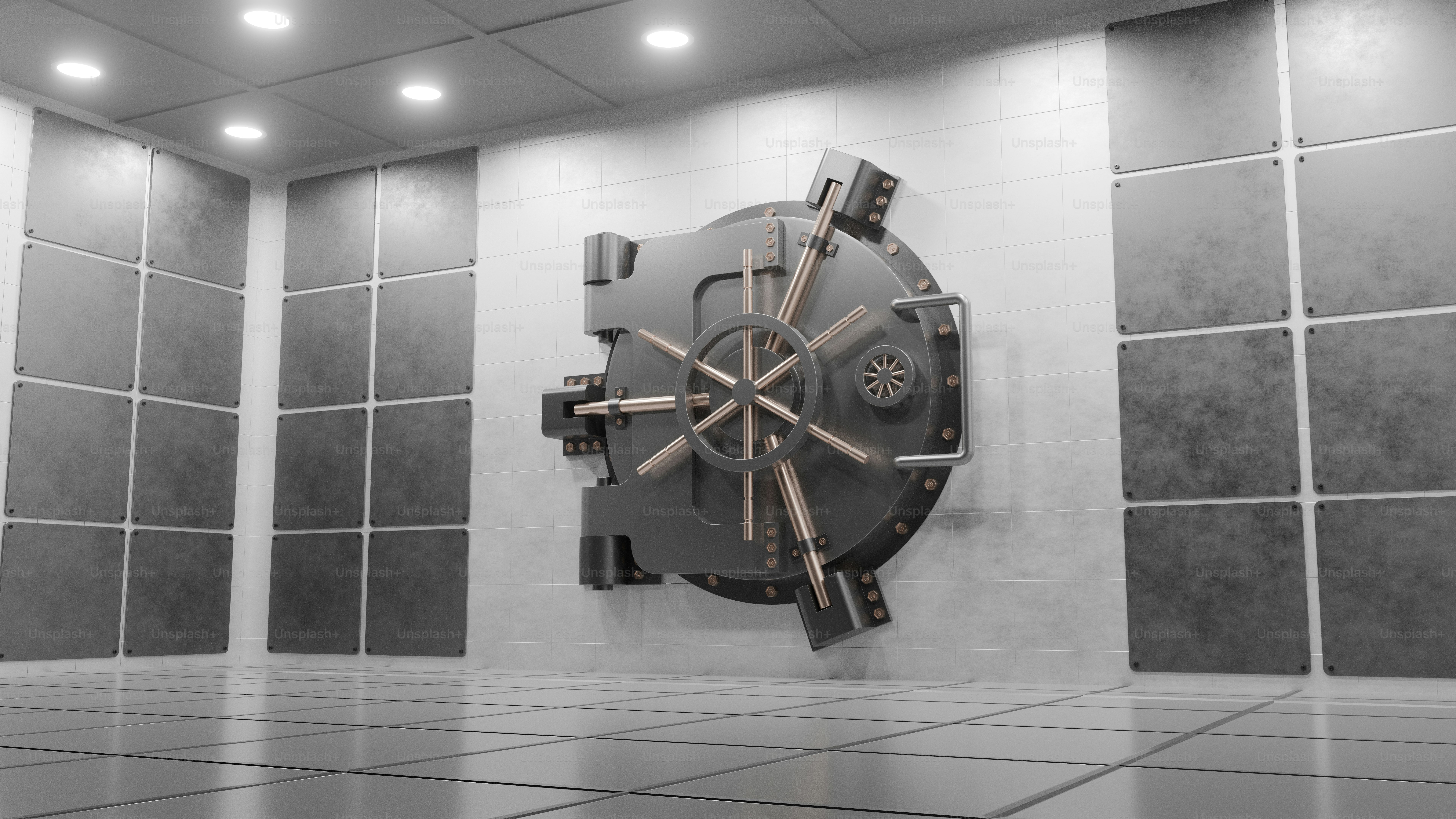 A large bank vault door in a modern room. photo – Building Image on ...