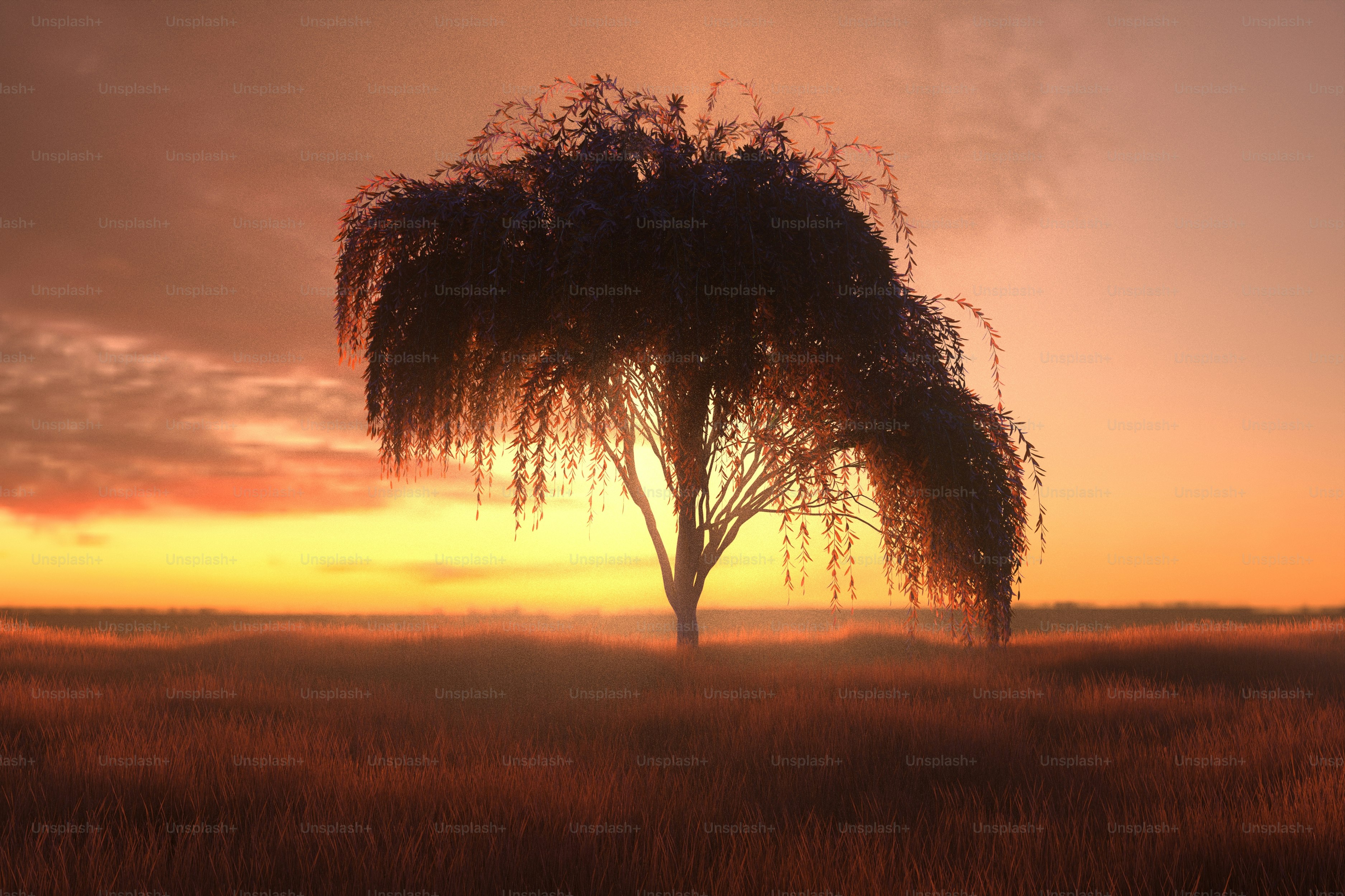 Silhouette of a weeping willow tree at sunset photo – Sunset Image on ...