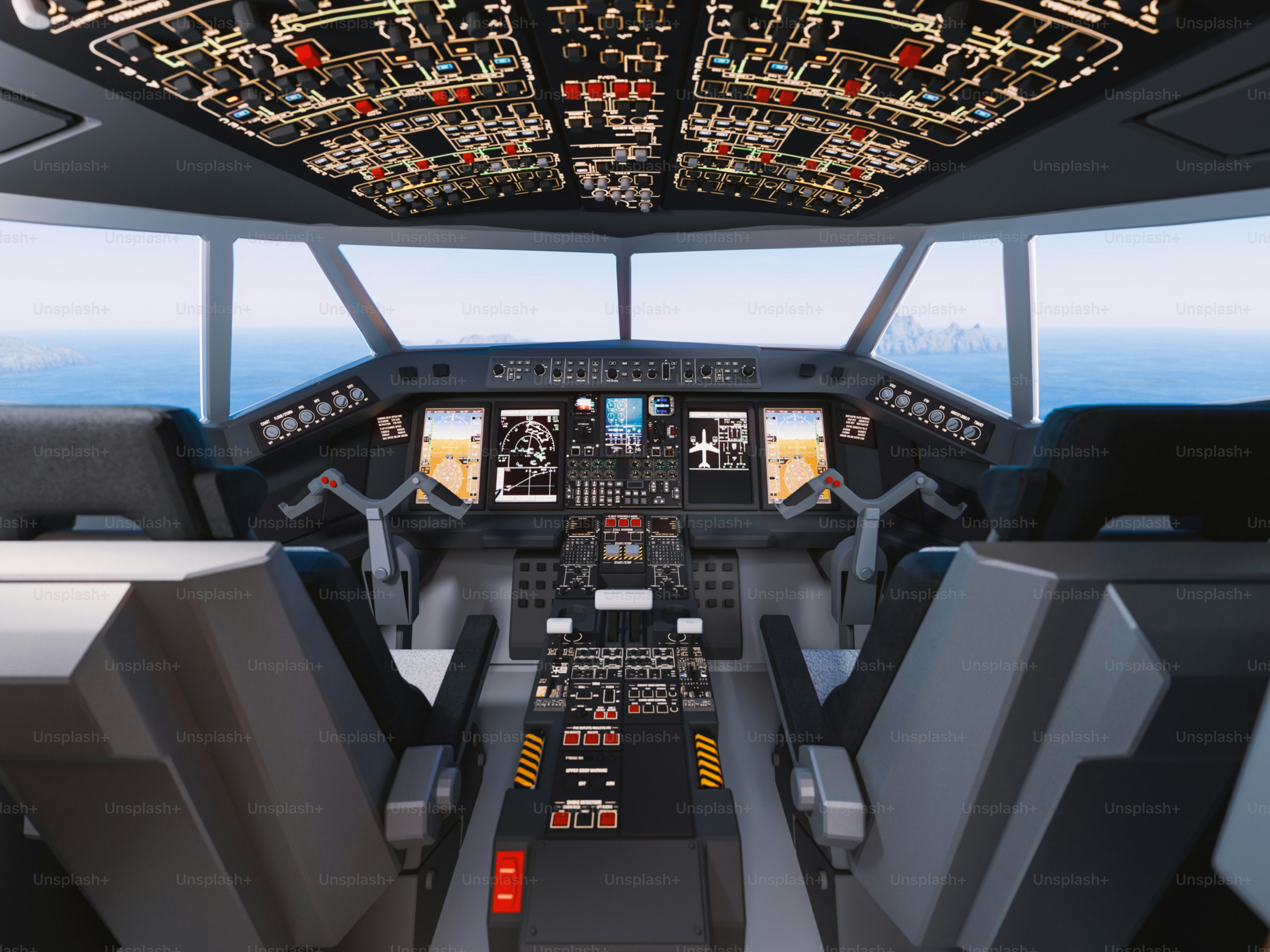 Modern airplane cockpit with ocean view photo – Technology Image on ...