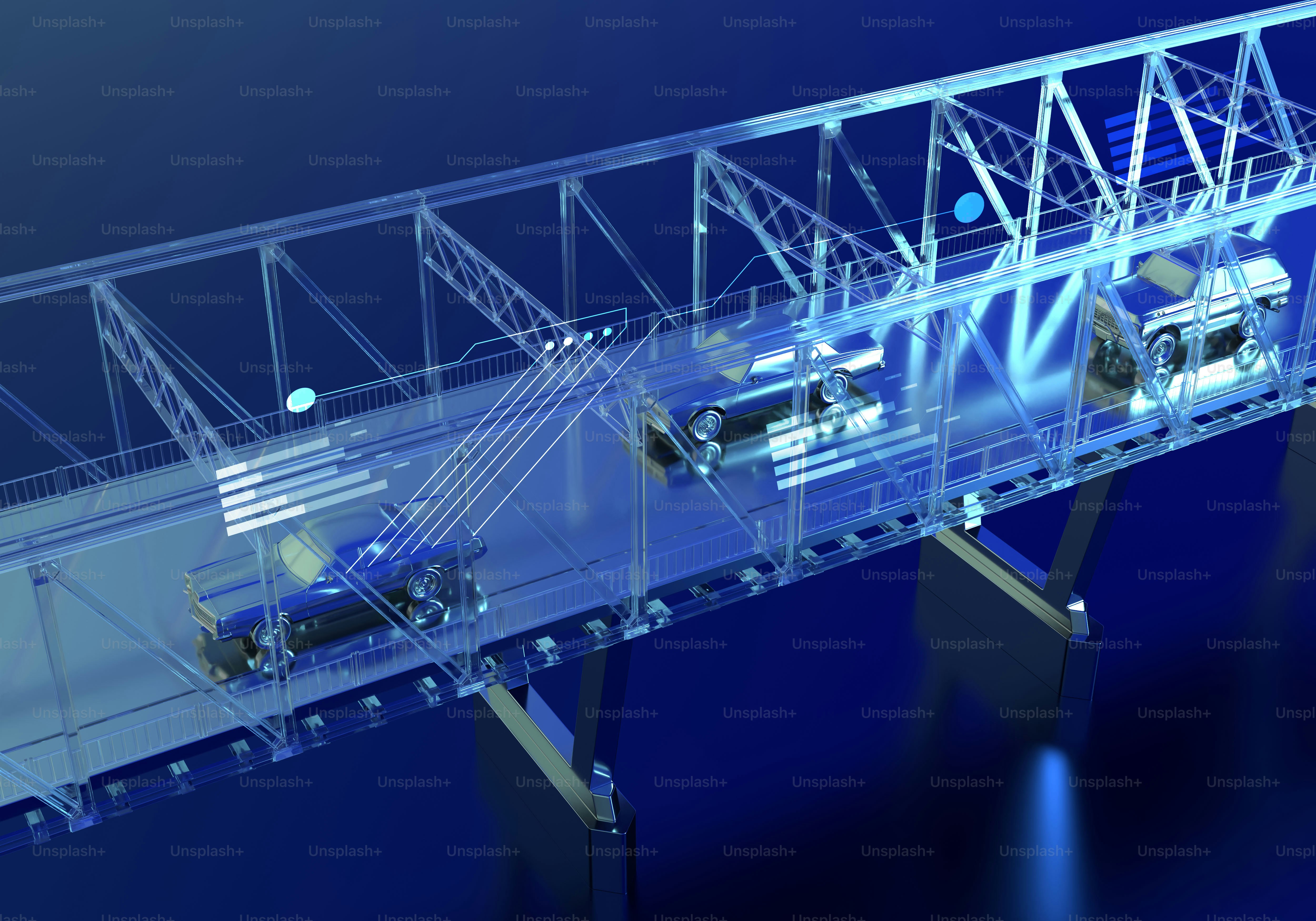Transparent bridge structure with vehicles and blue background photo ...
