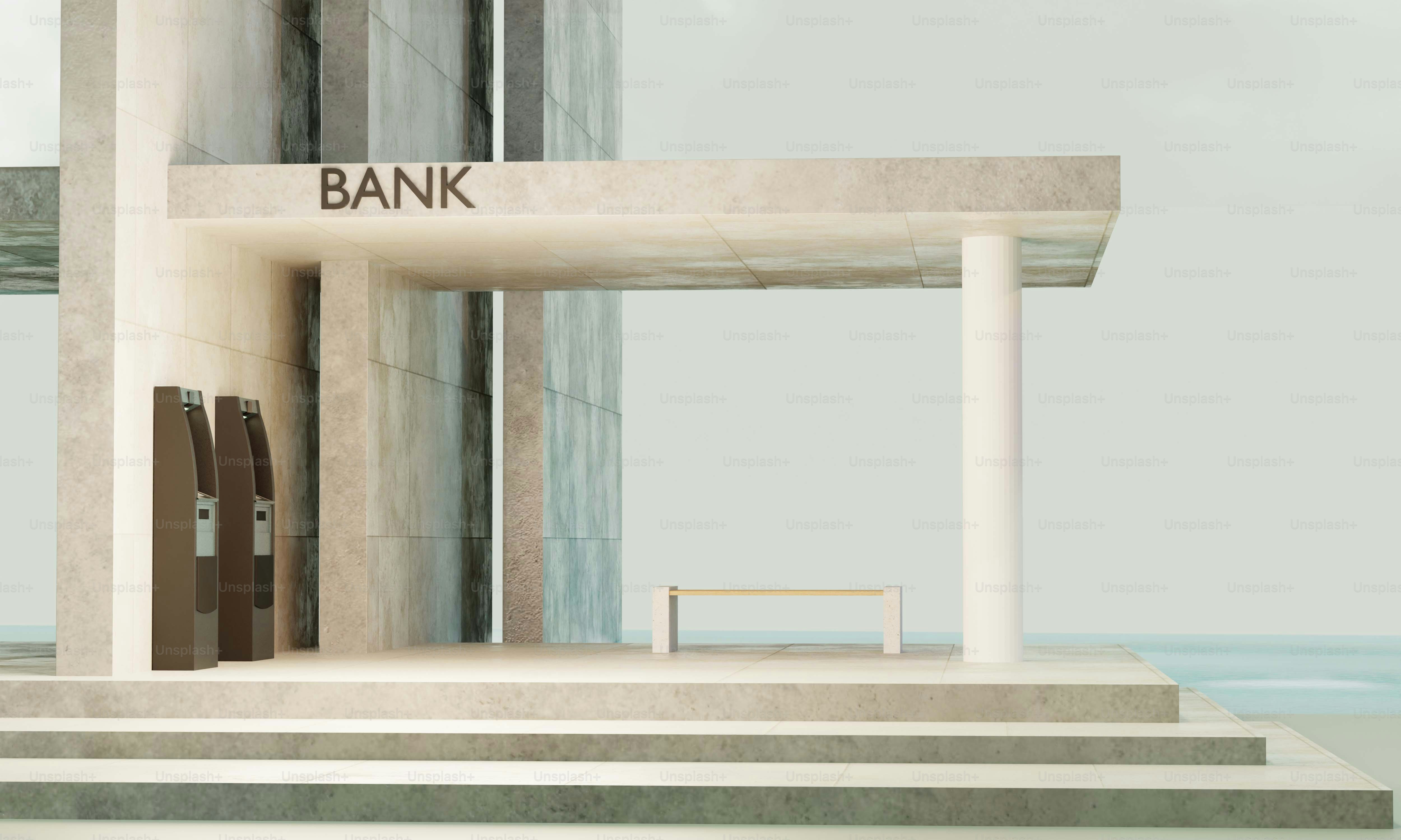 Modern bank building with atms and ocean background photo – Building ...