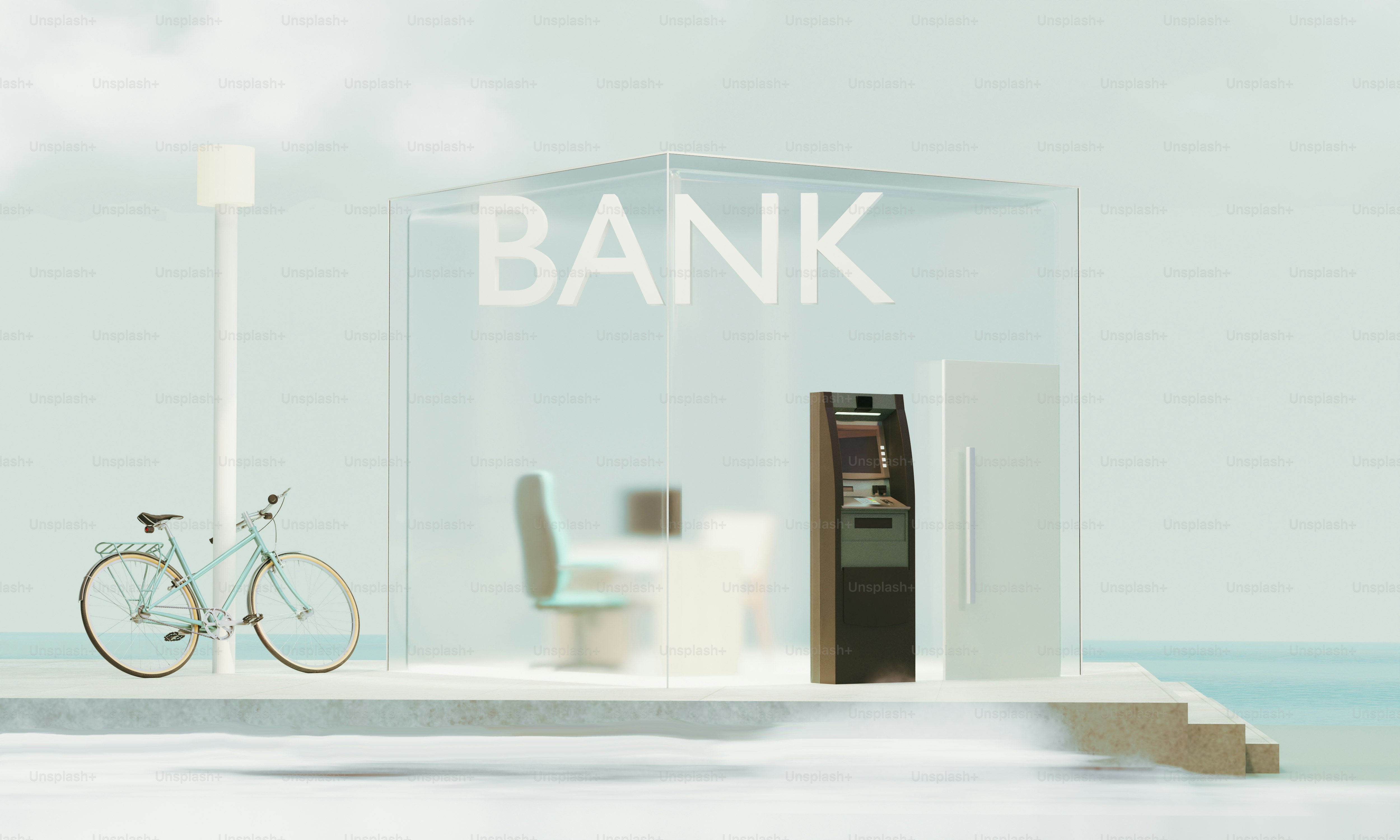 Modern bank branch with atm and bicycle photo – Building Image on Unsplash