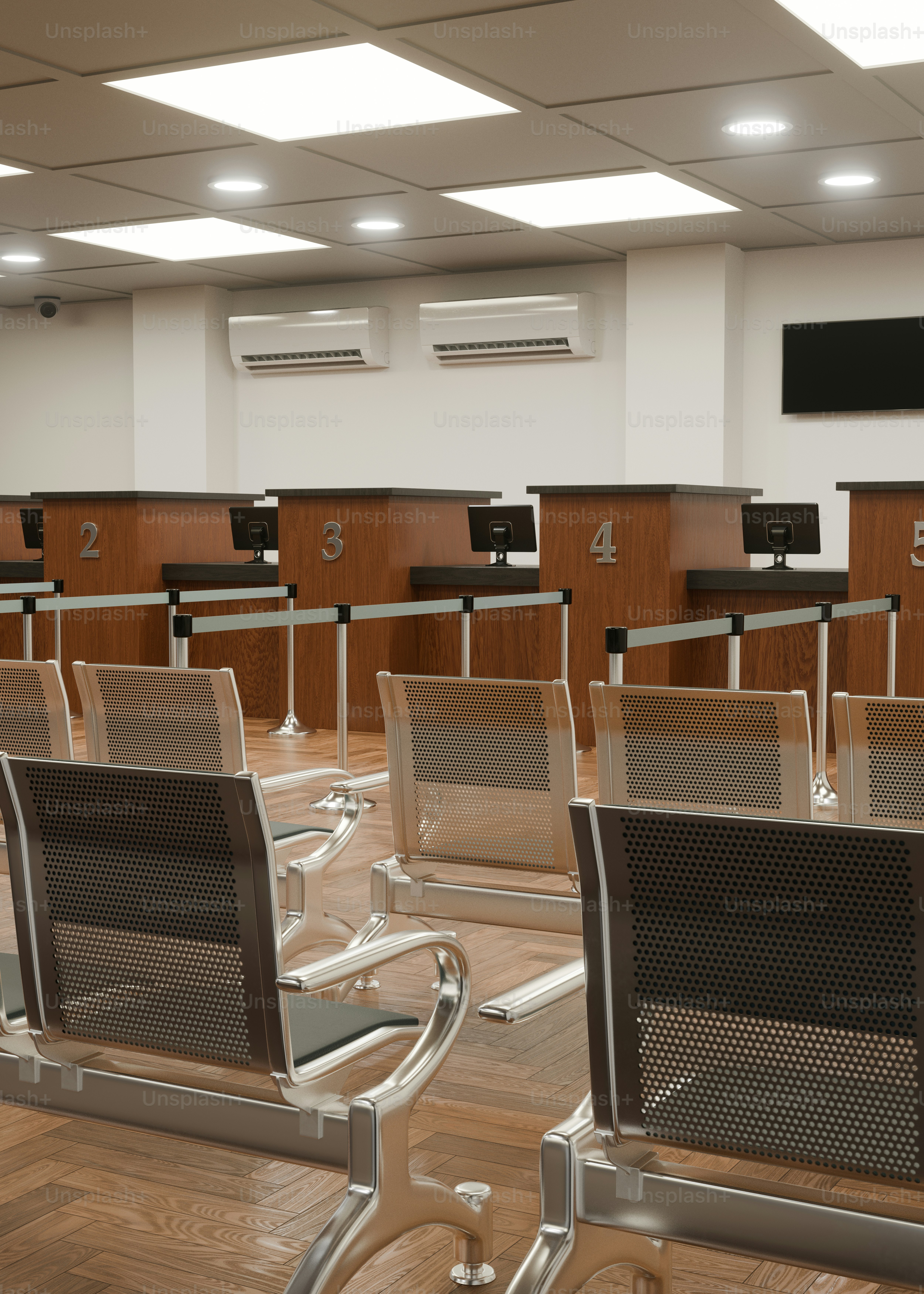Empty courtroom with rows of chairs and desks photo – Building Image on ...