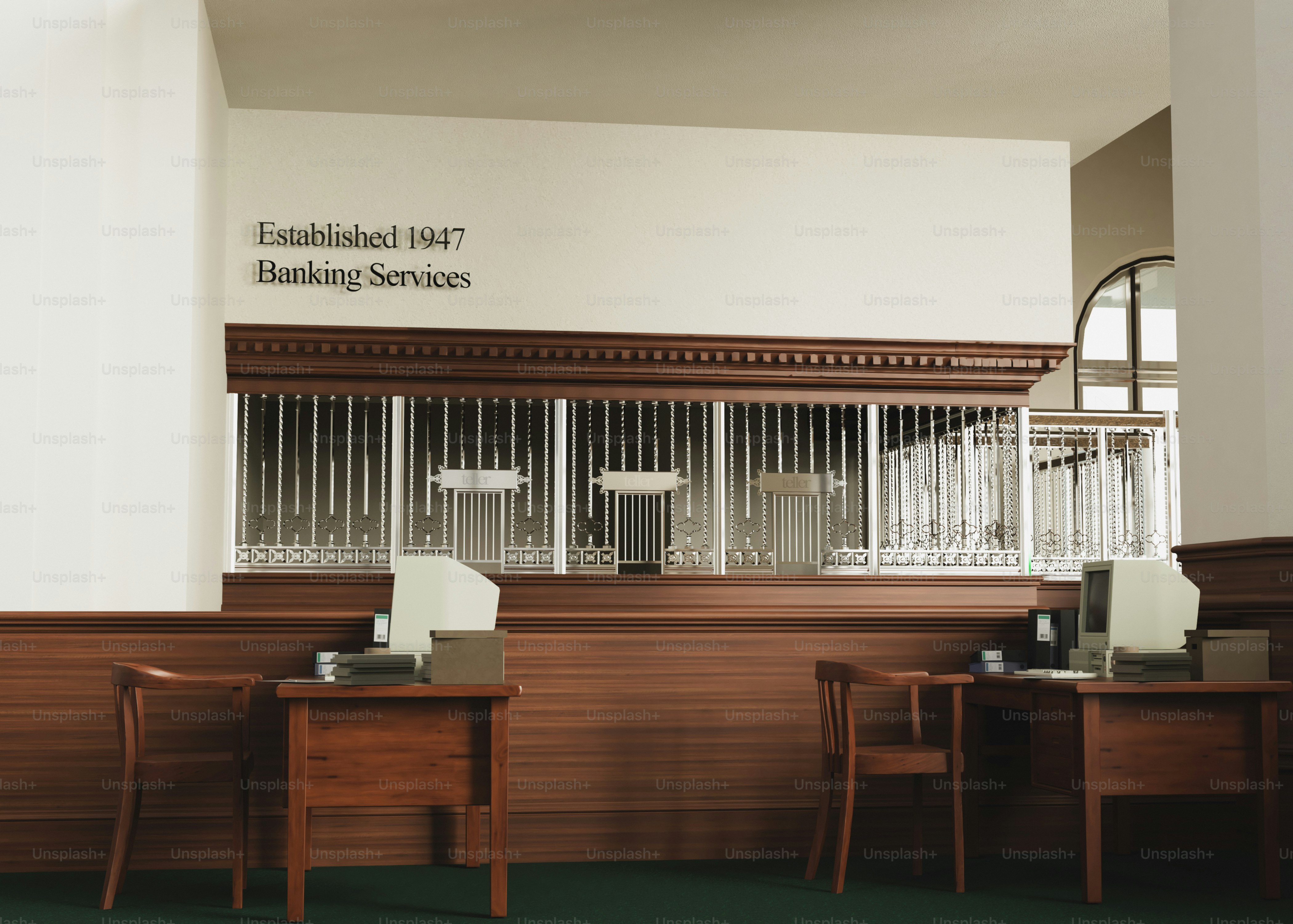 Interior of a bank with teller windows and desks photo – Building Image ...