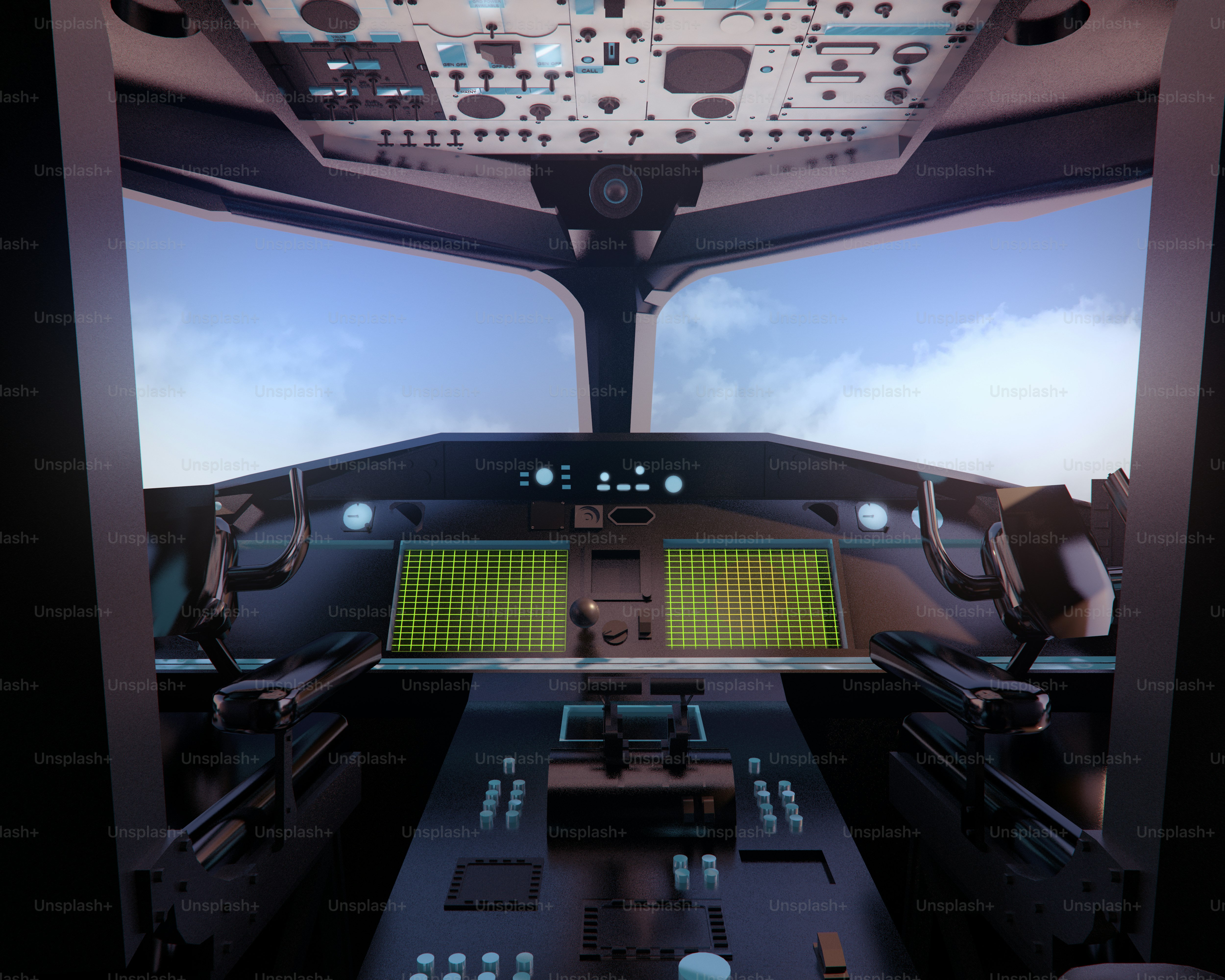 Modern airplane cockpit with digital displays and controls photo ...