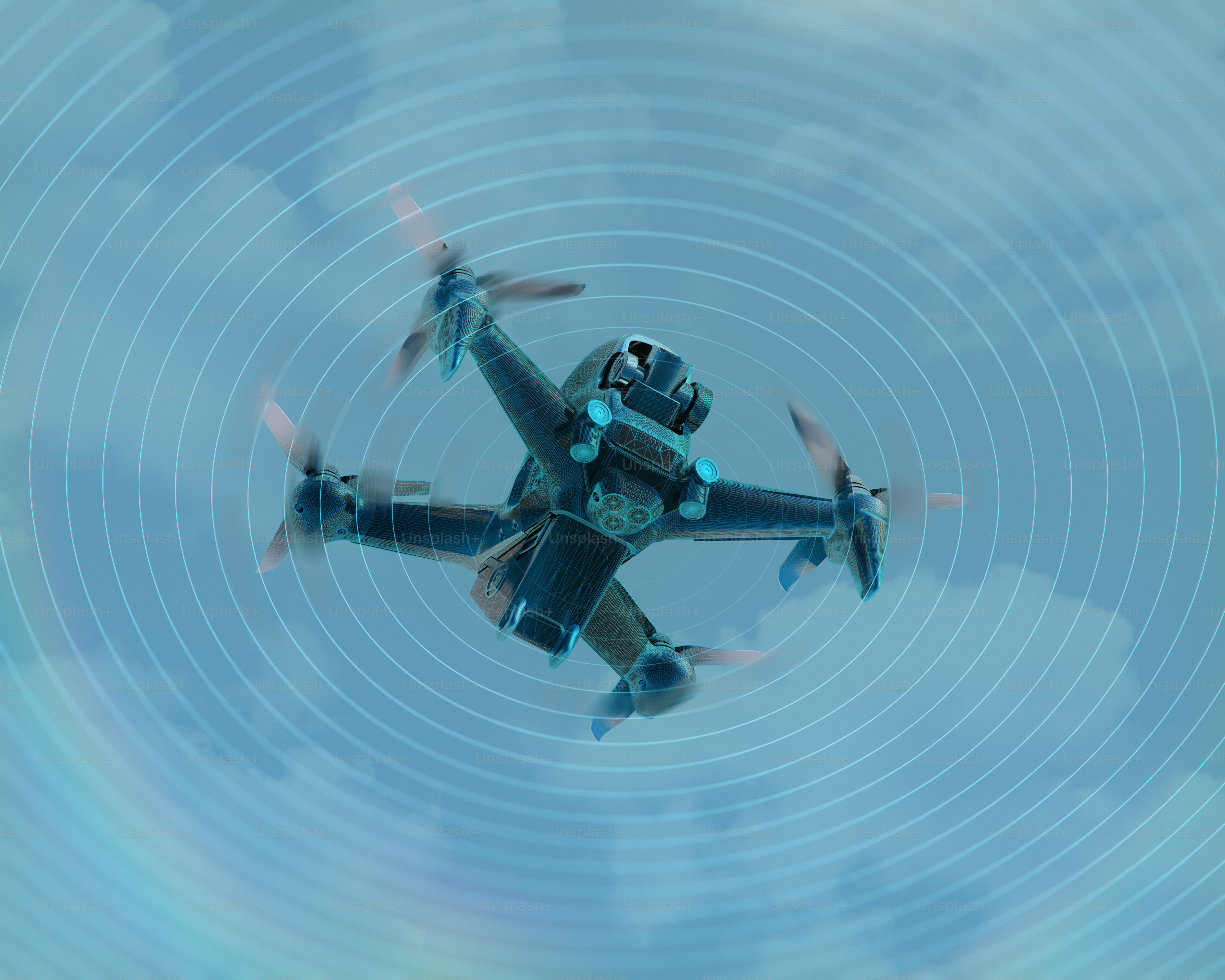 Drone flying with radio waves in blue sky. photo – Drones Image on Unsplash