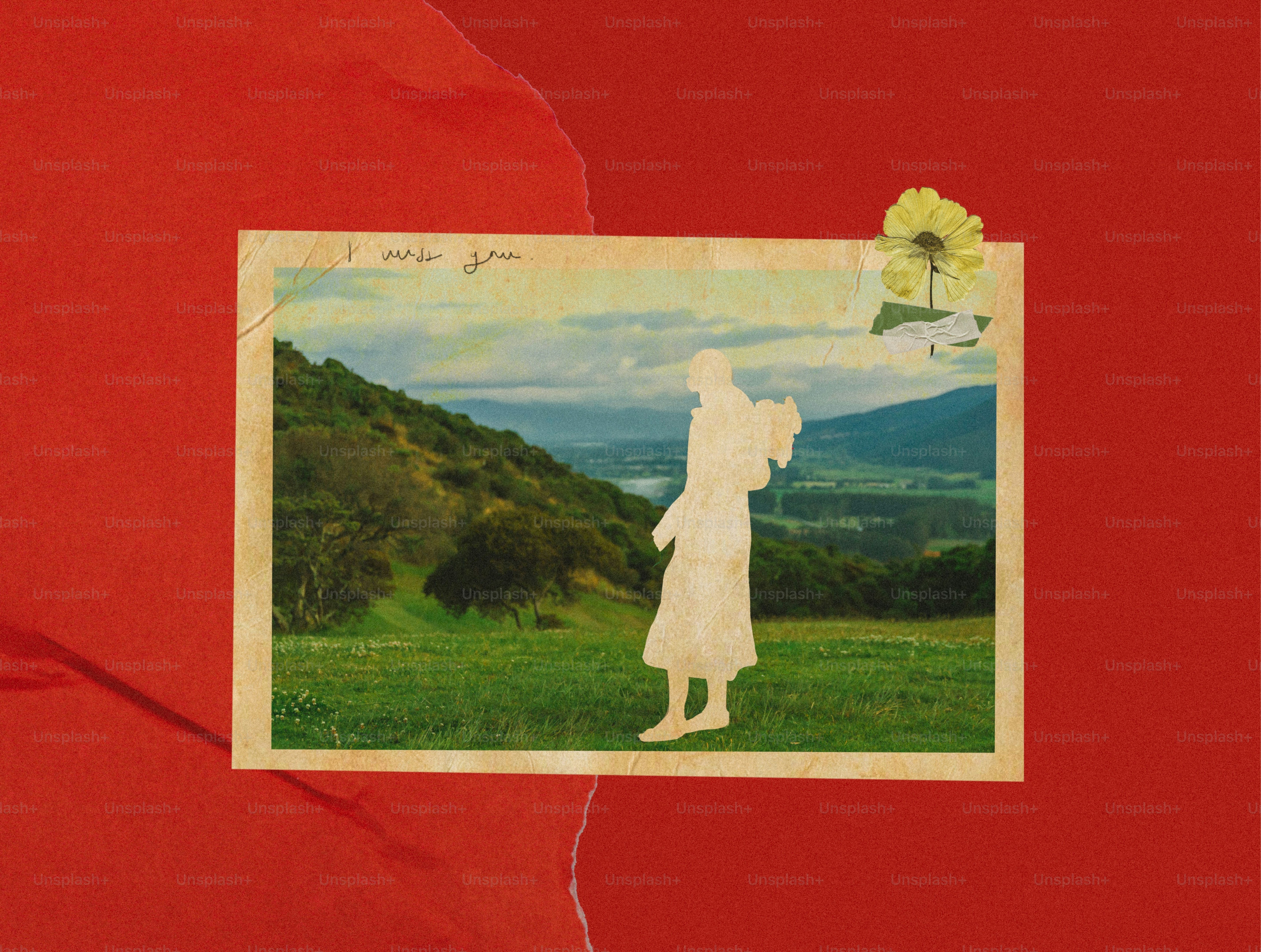 Collage with postcard of landscape and figure. photo – Collage Image on ...