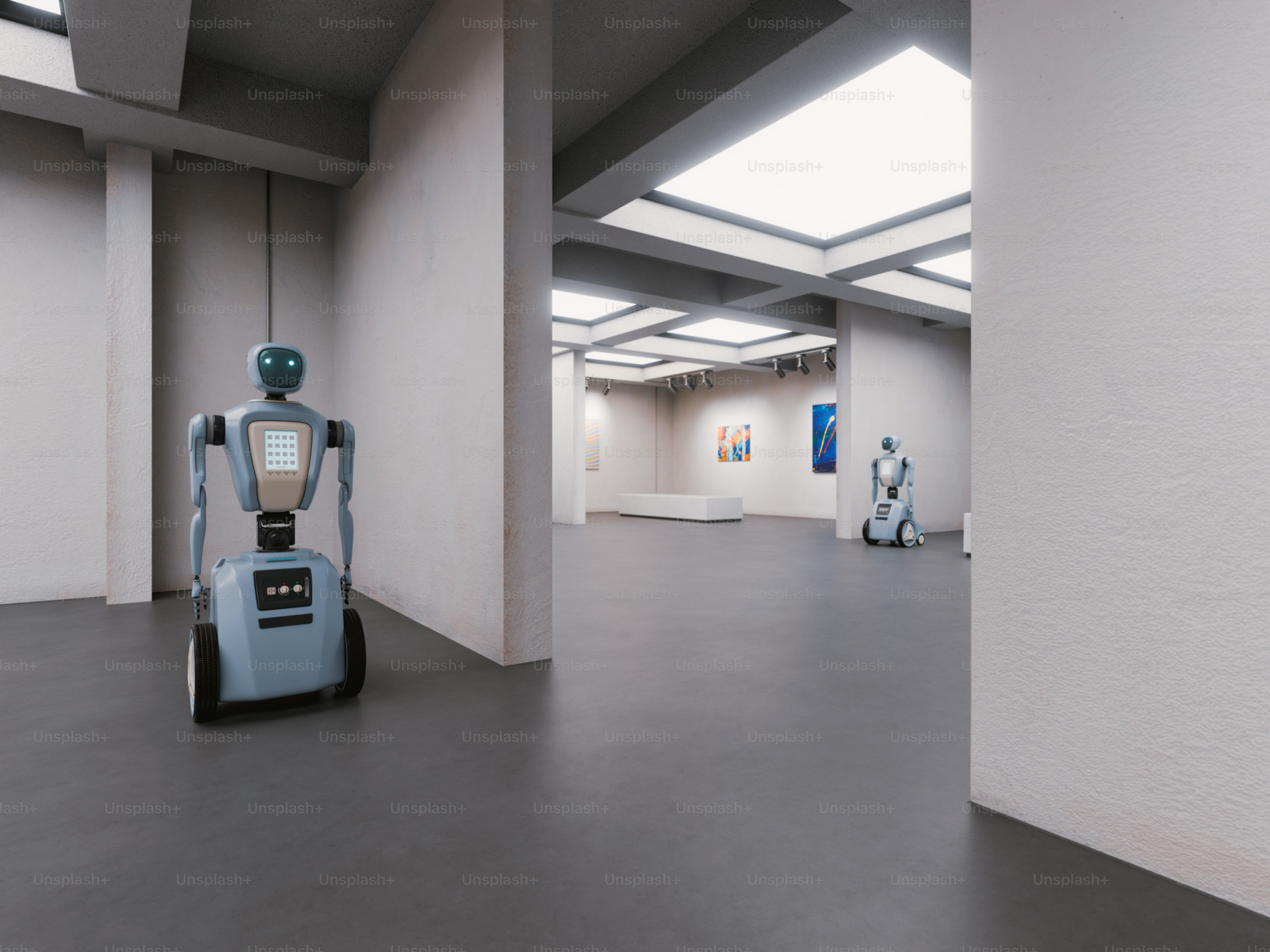Robots in a modern art gallery with paintings on display photo – Robot ...