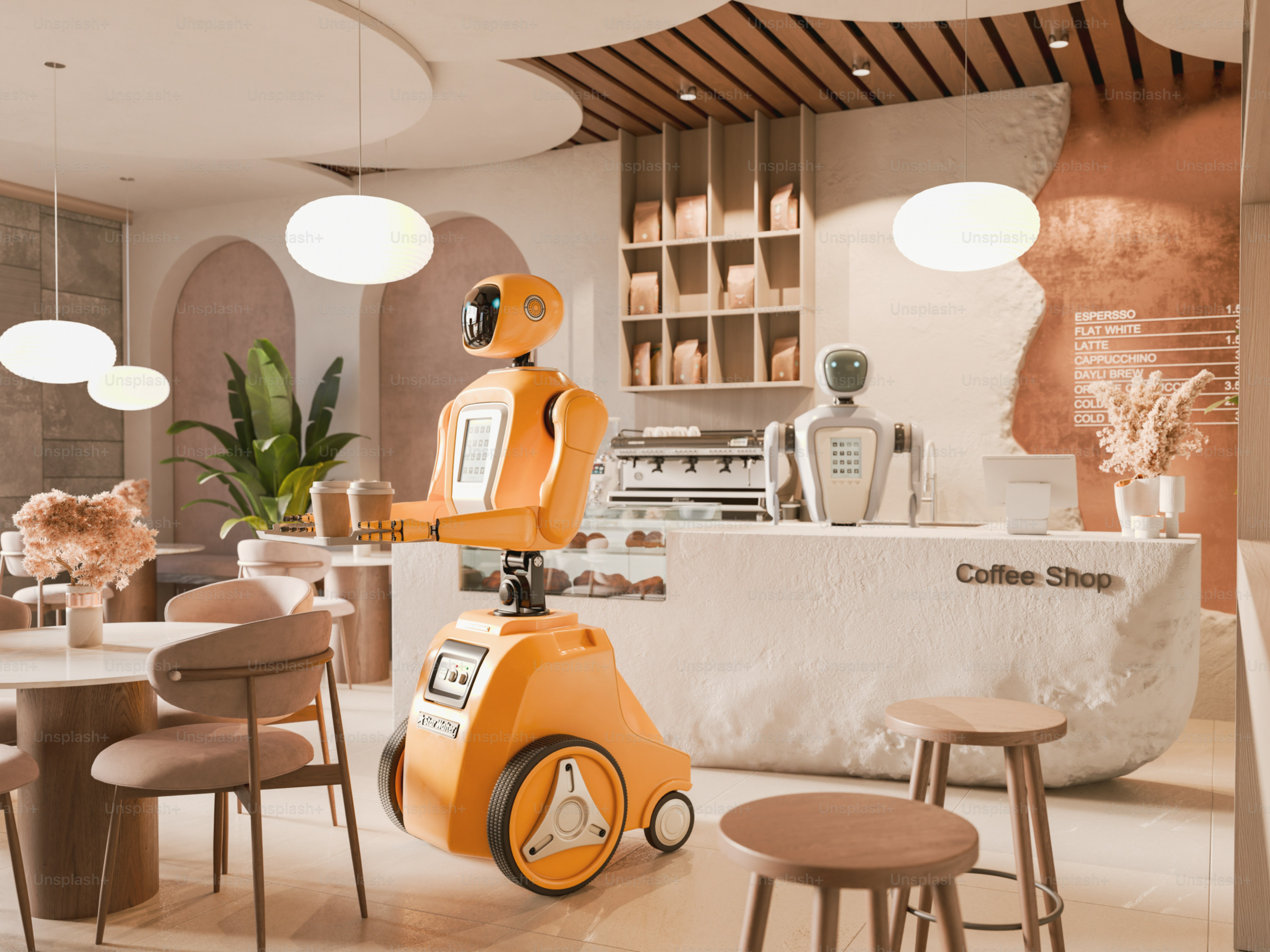 Robots serving coffee in a modern cafe setting photo – Robot Image on ...
