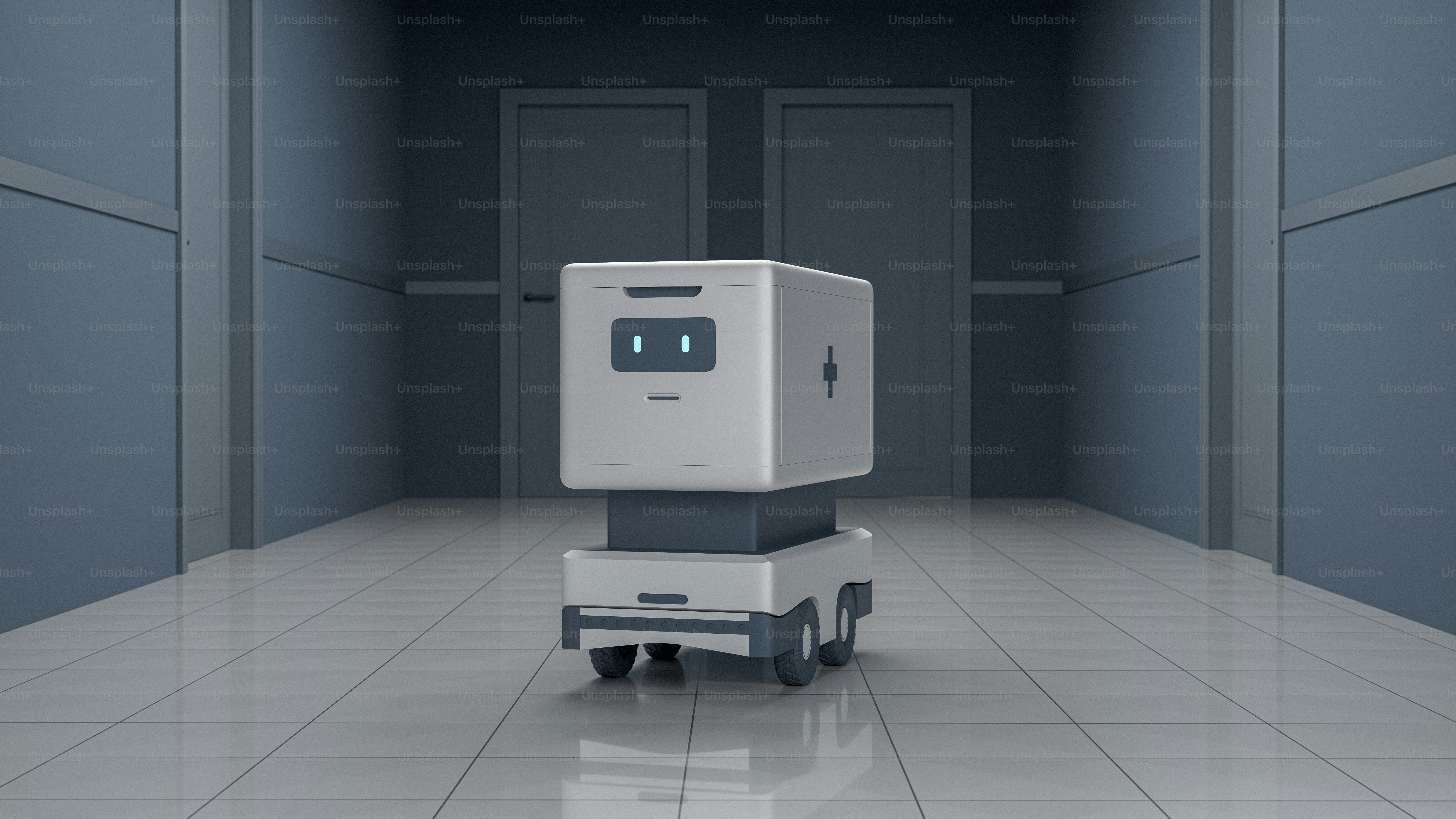 A small robot with a screen face in a hallway. photo – Robot Image on ...