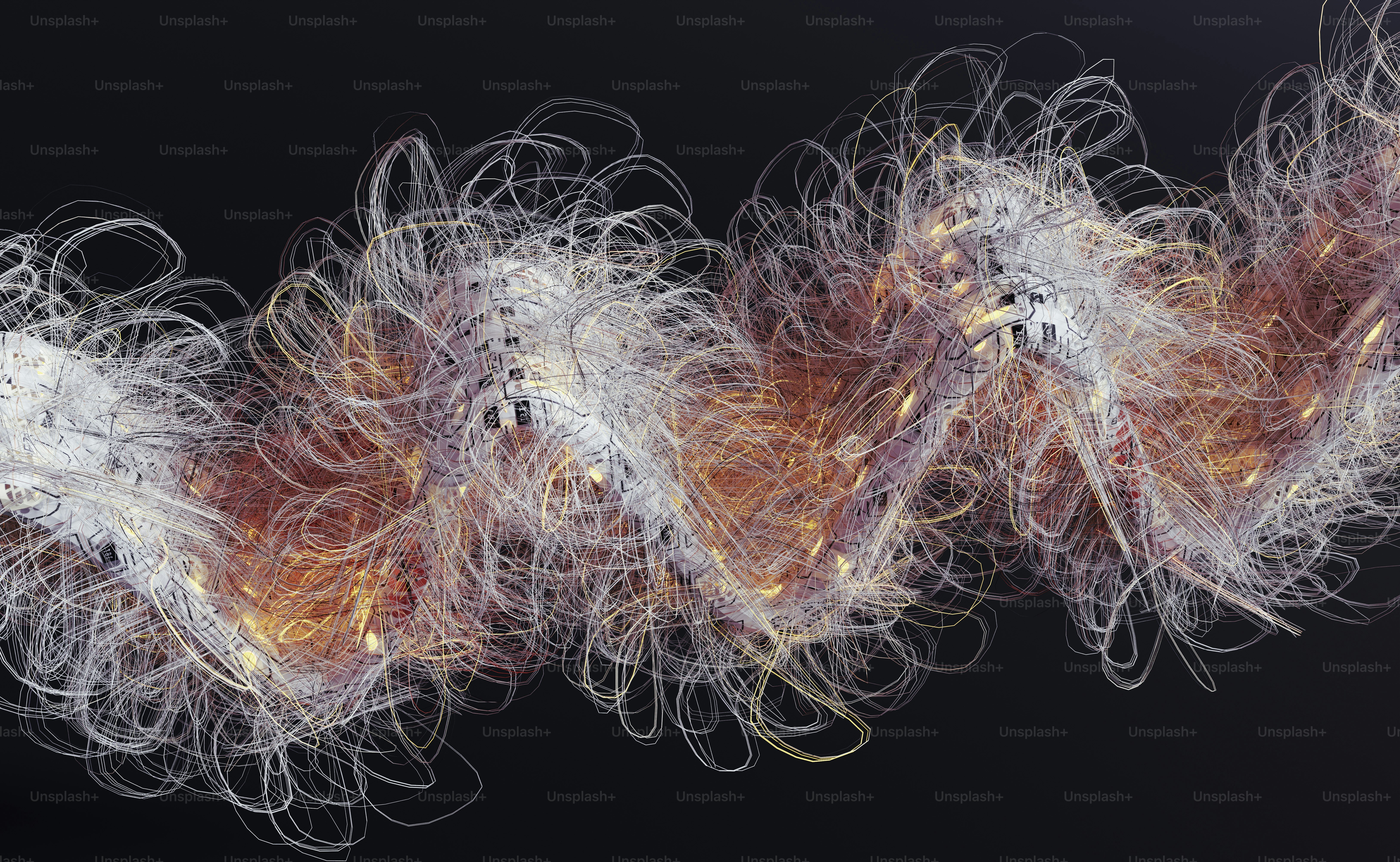 Abstract swirling white and gold strands on black background photo ...