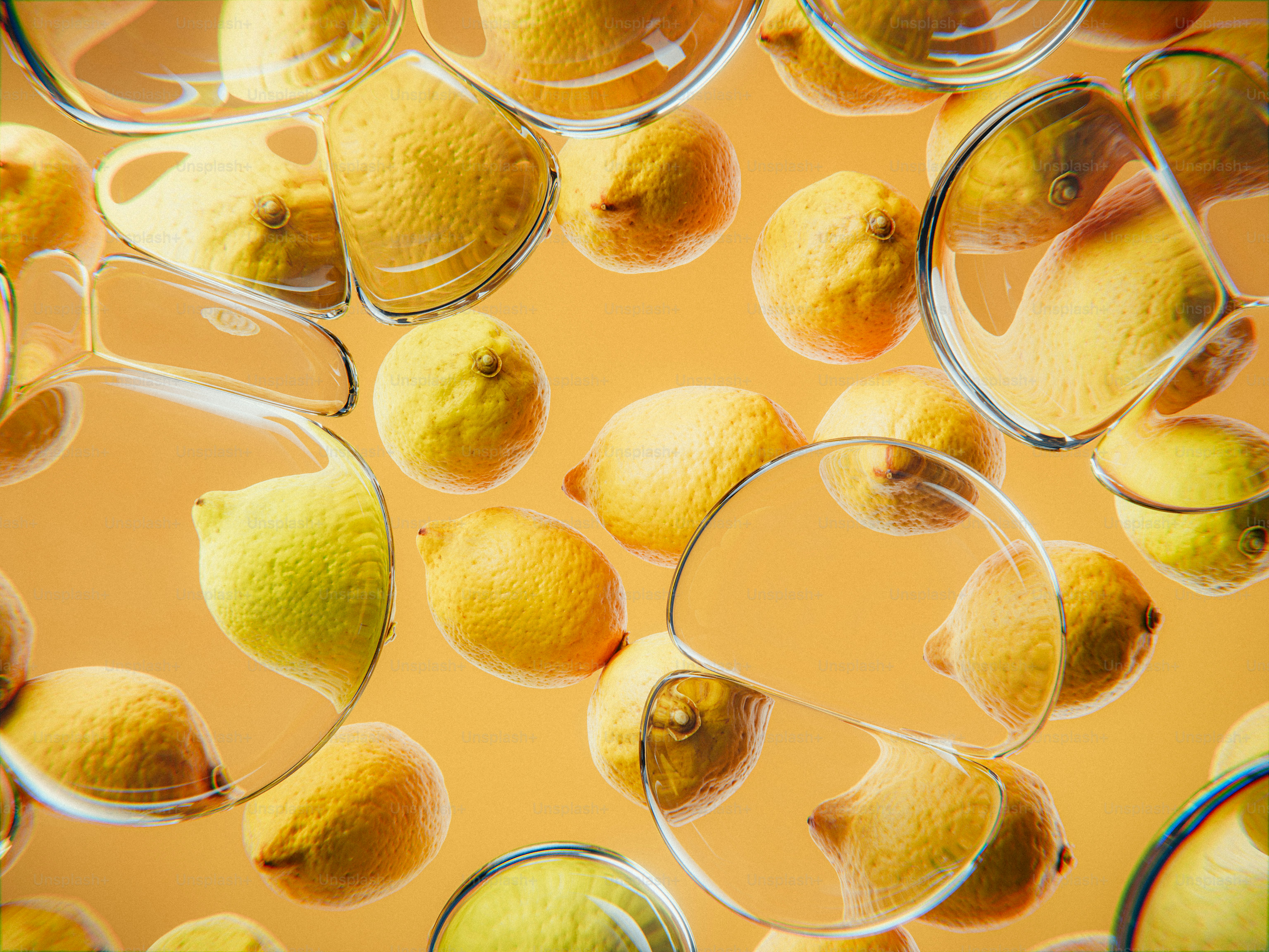Lemons floating with clear bubbles on yellow background photo ...
