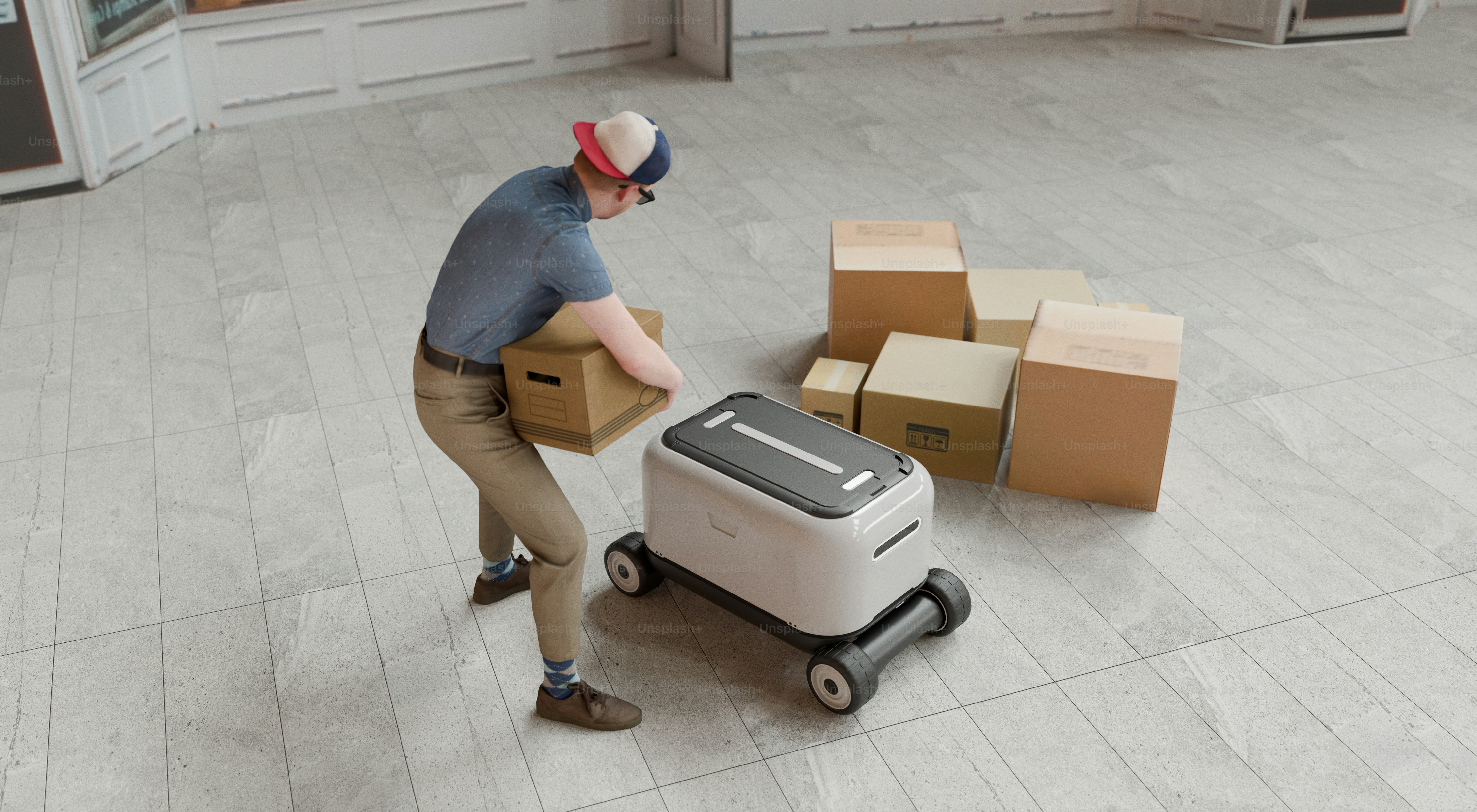 Repartidor cargando cajas en un carrito robótico. foto – Imagen de ...