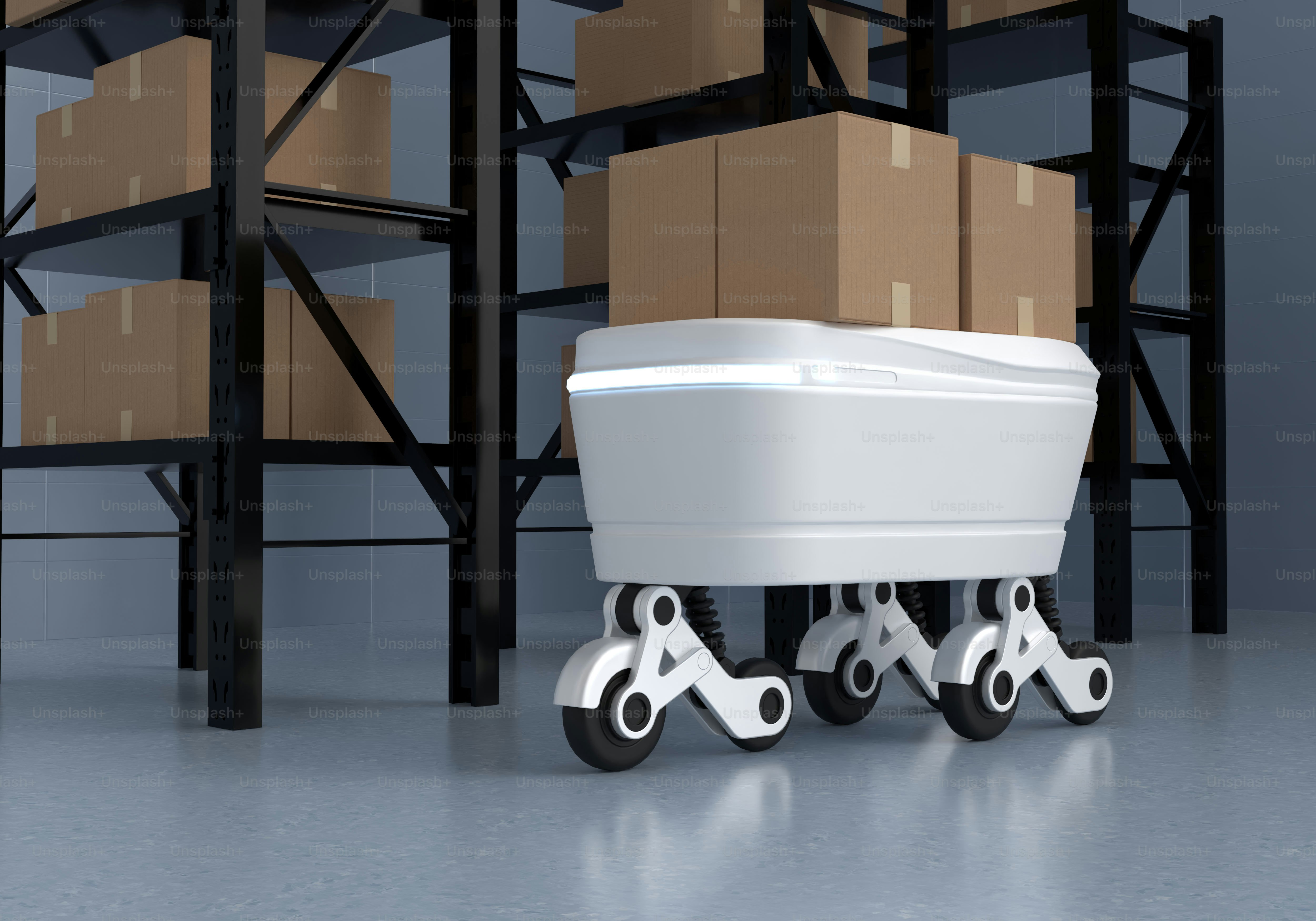Automated robot cart carrying boxes in warehouse photo – Robot Image on ...