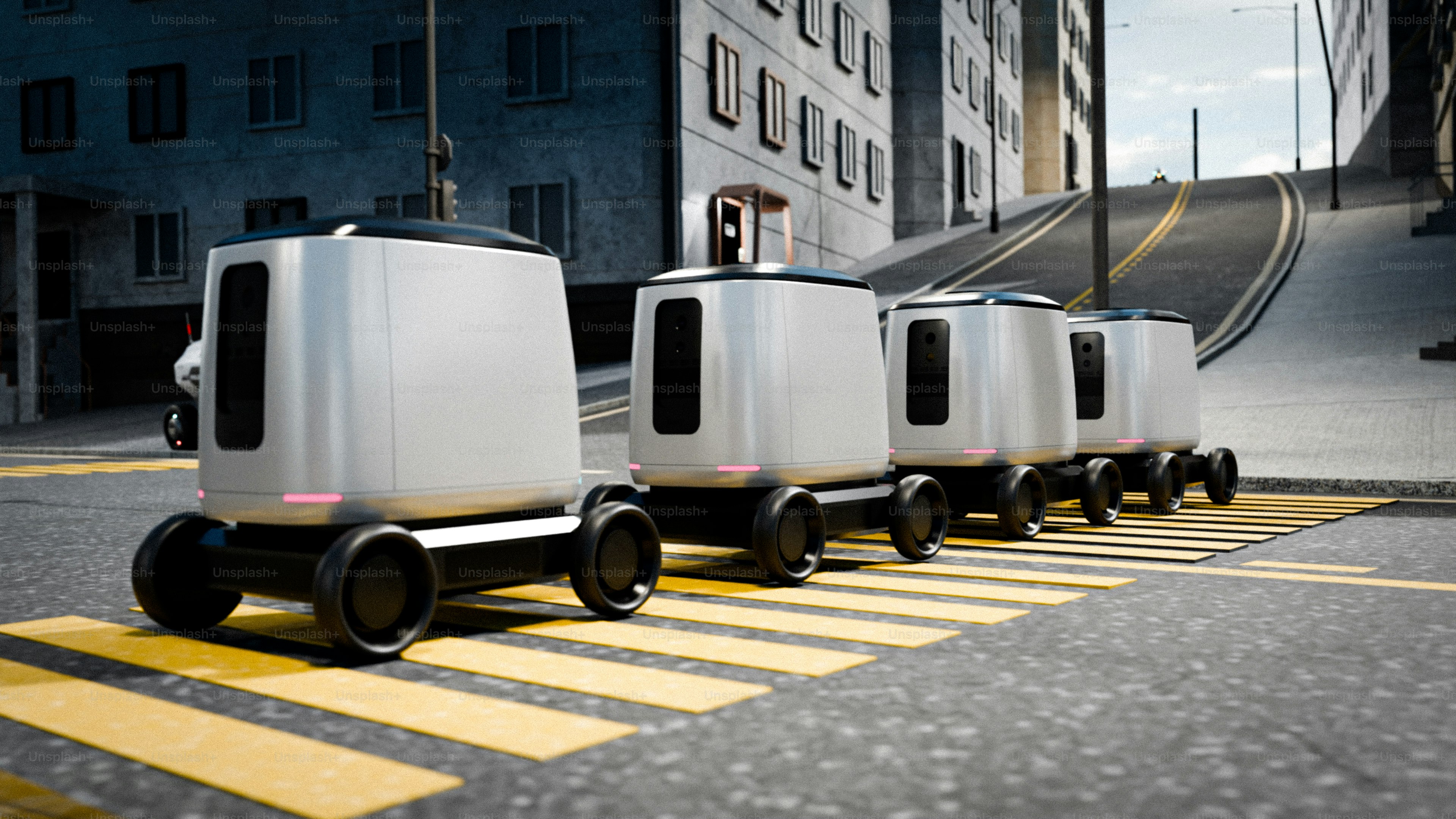 Autonomous delivery robots lined up on a street. photo – Robot Image on ...