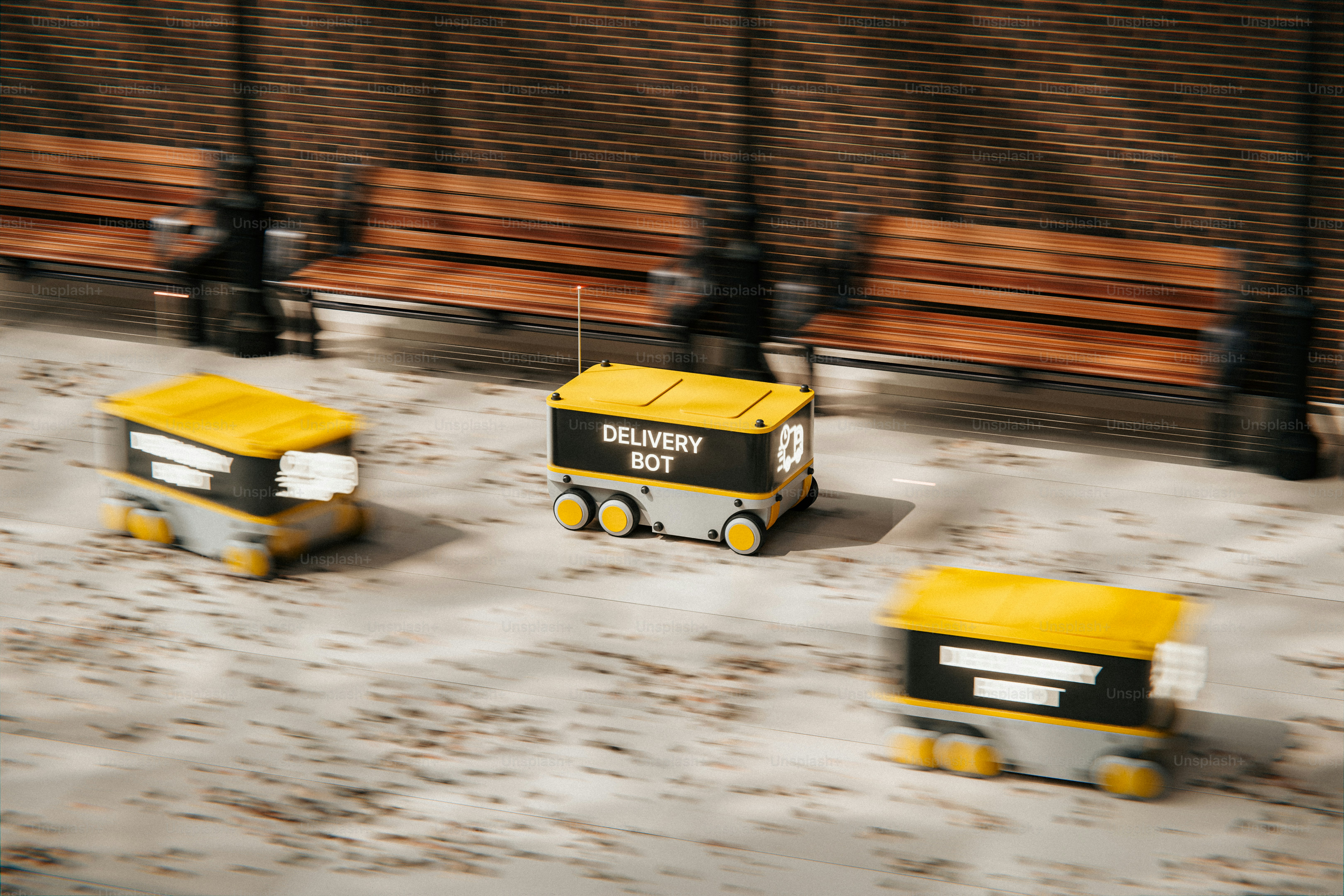 Three autonomous delivery robots moving on a sidewalk photo – Wallpaper ...