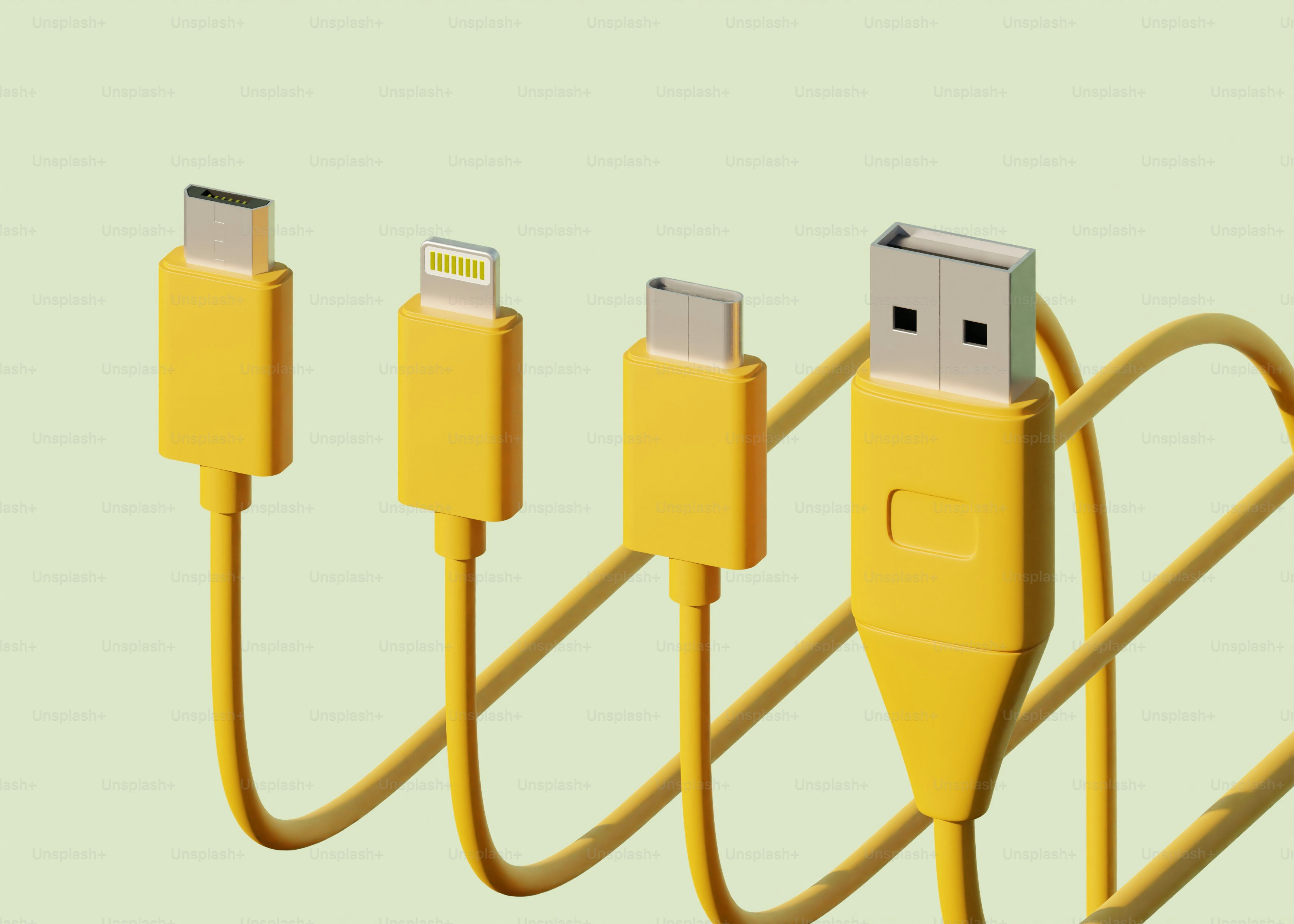 Four yellow charging cables with different connectors photo ...