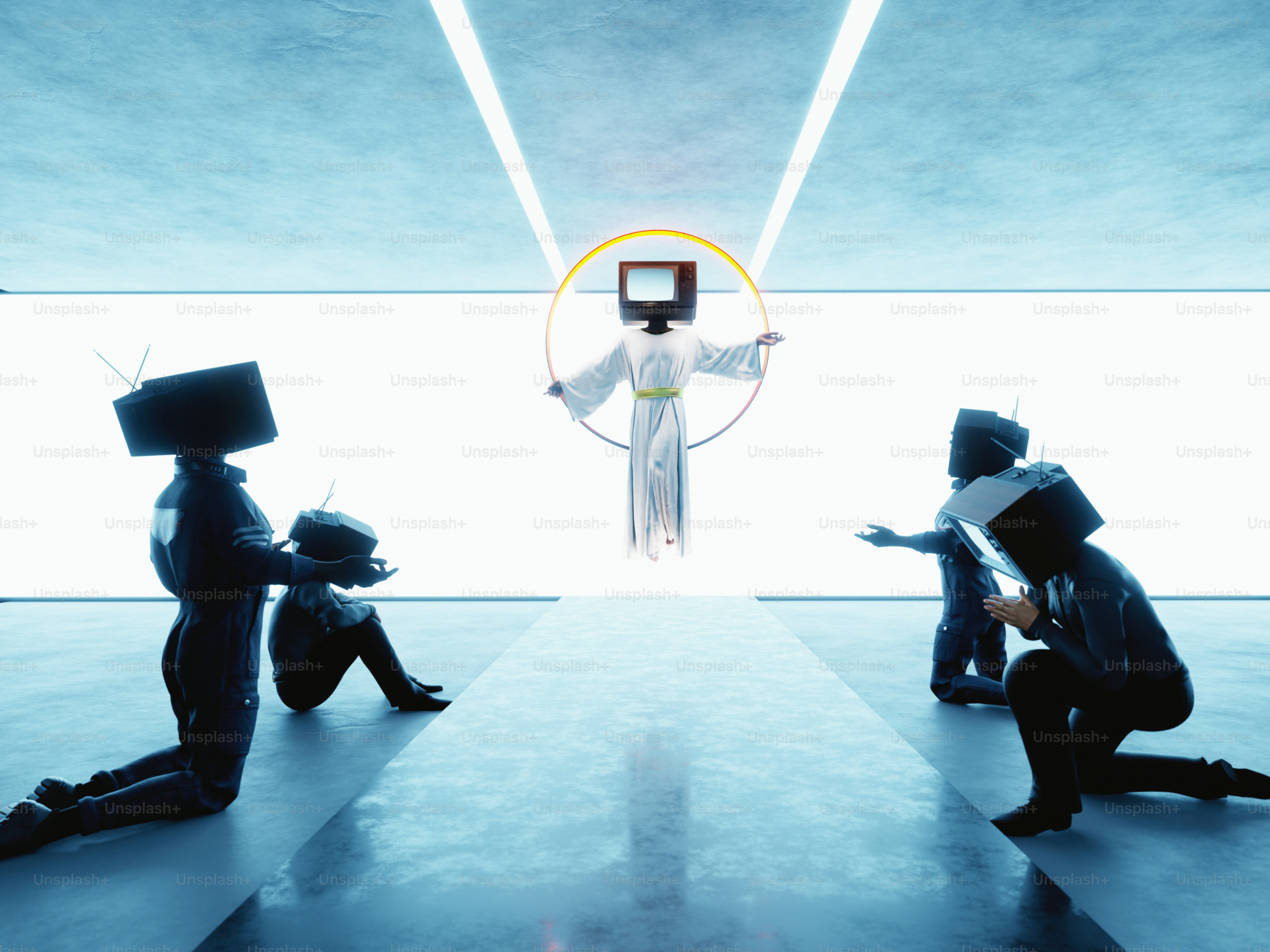 Figures with television heads worship a central figure. photo ...