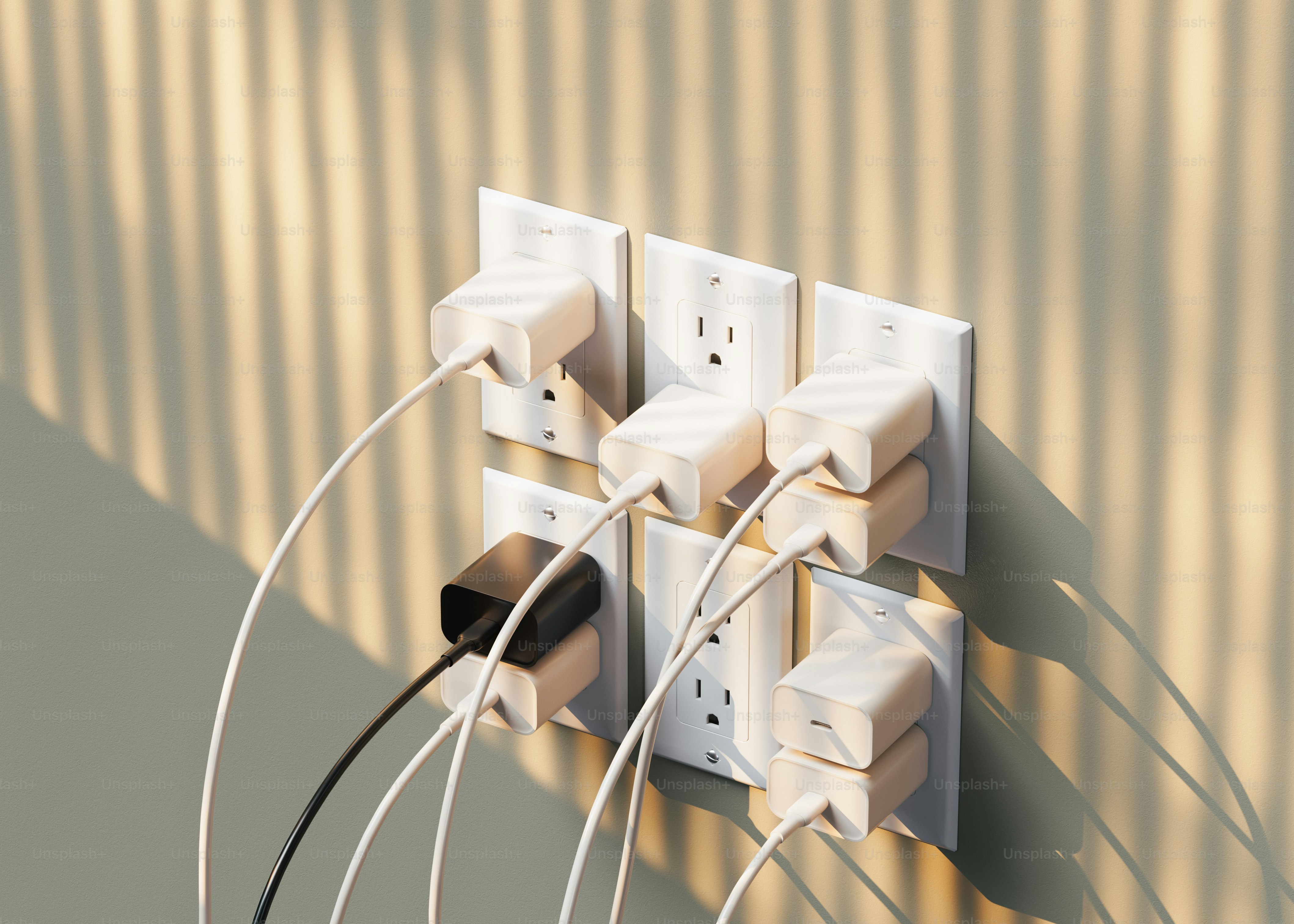 Multiple power adapters plugged into wall outlets photo – Technology ...