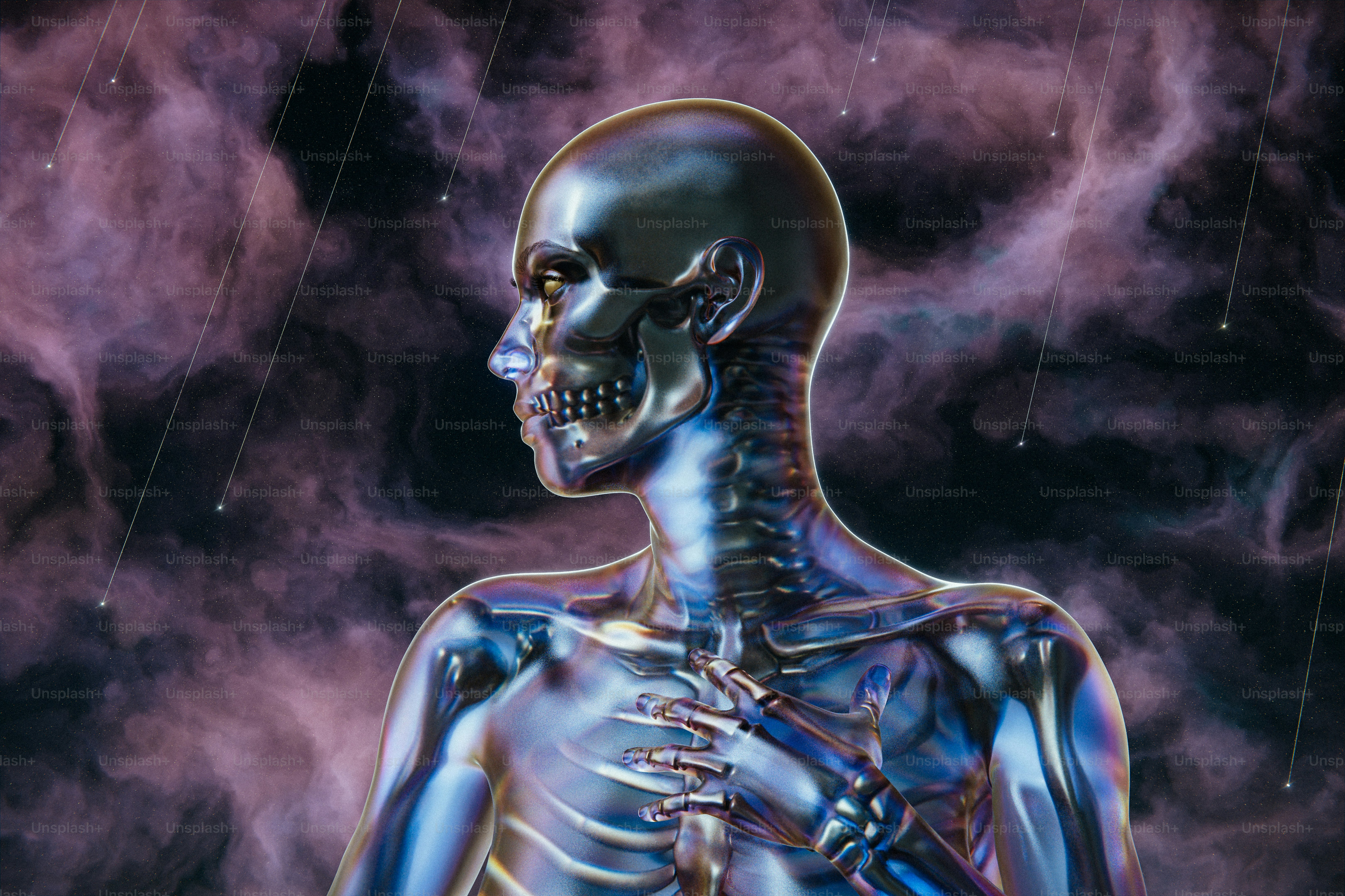 Metallic human skeleton with smoky purple background photo – Wallpaper ...